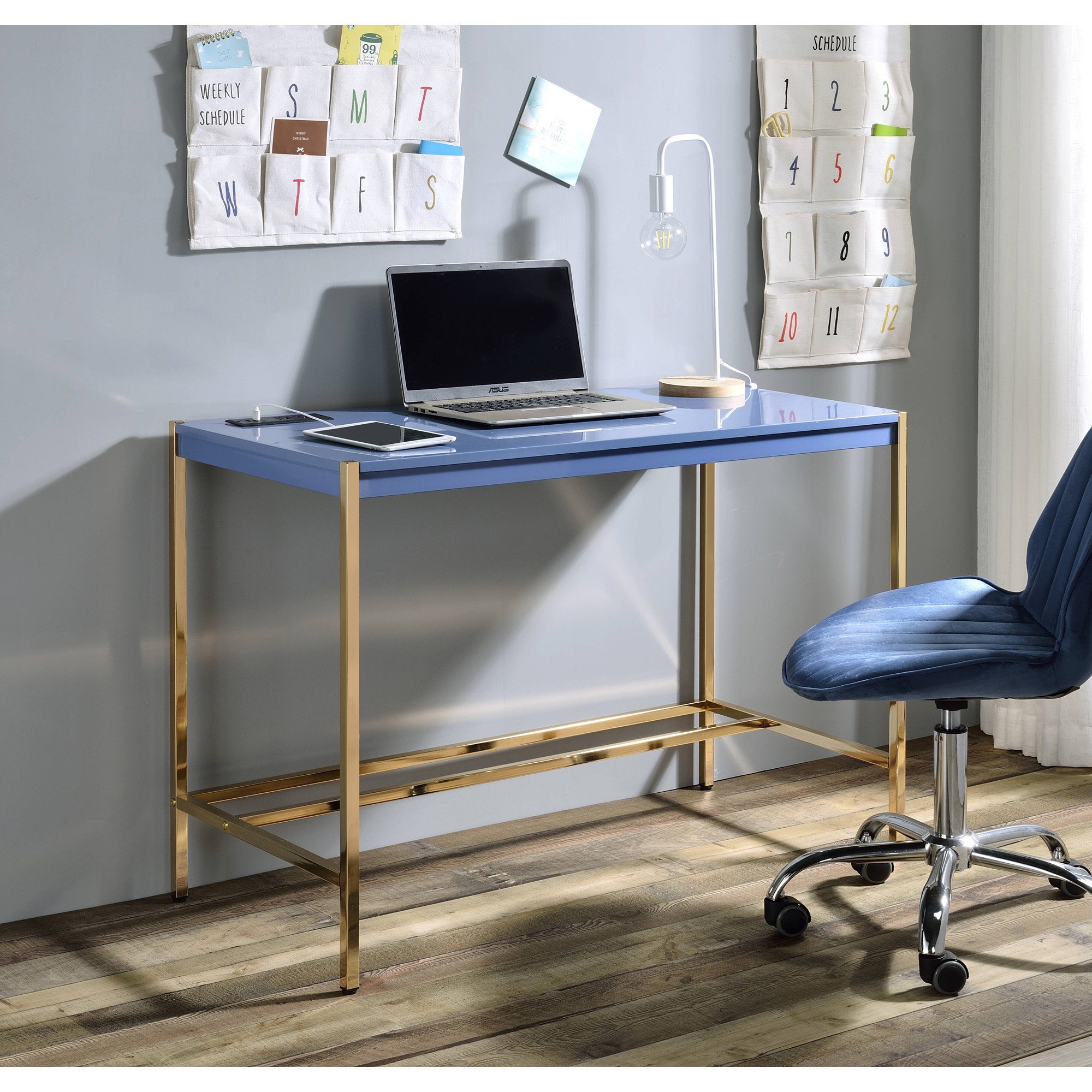 Everly Quinn Navy Blue and Gold Writing Desk with USB Ports | Wayfair