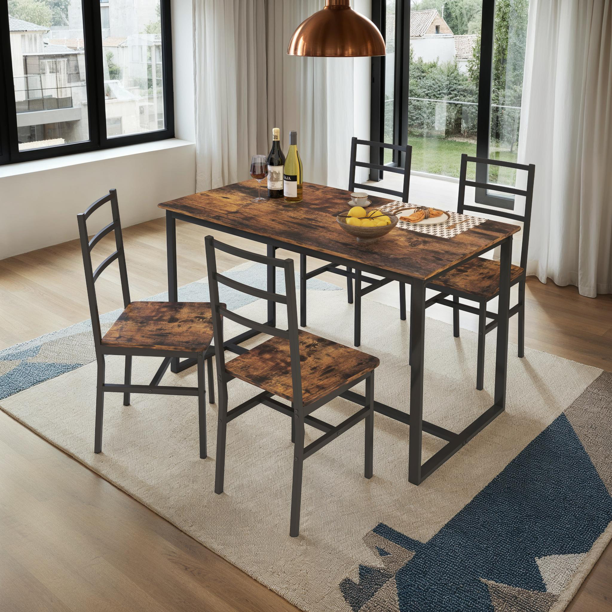 17 Stories 5-Piece Dining Set with Stools and Backrest, Oak MDF & Steel ...