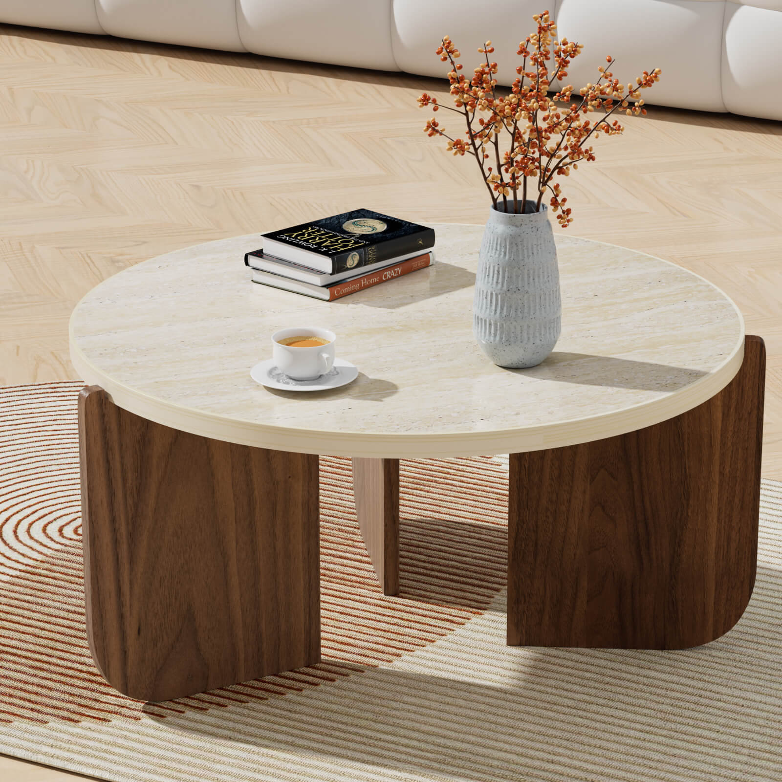 Wrought Studio Elegant Round Travertine Texture Coffee Table – 28.4” Stone Coffee Table, Modern ...