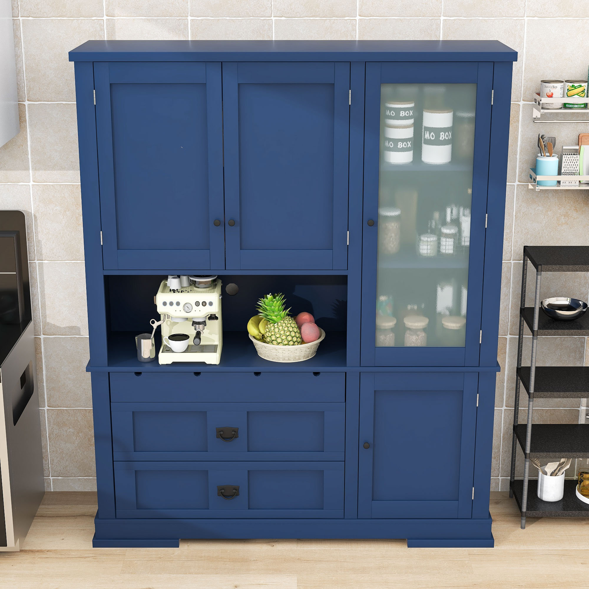 Lark Manor Freestanding Kitchen Pantry Buffet with Hutch, Adjustable ...