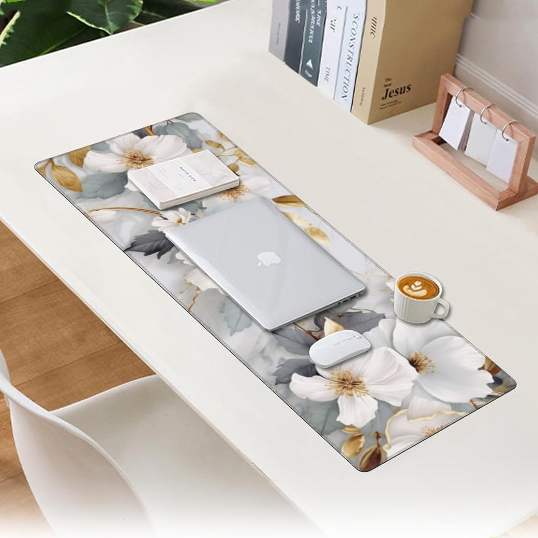Red Barrel Studio® White Flowers Golden Leaves Mouse Pad for Desk | Wayfair