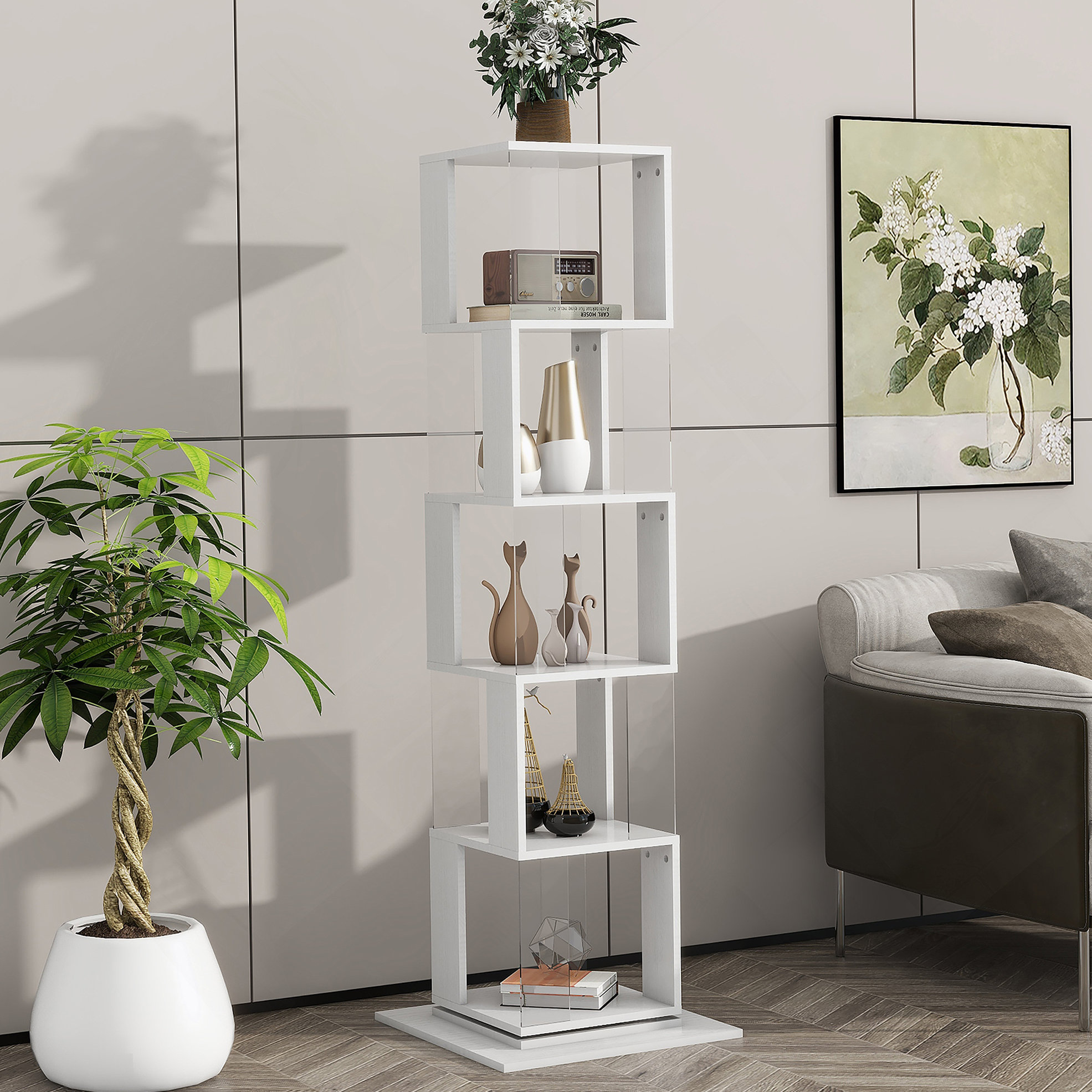 Ebern Designs 5-Tier Rotating Bookshelf, Floor Rack With Acrylic Plate ...