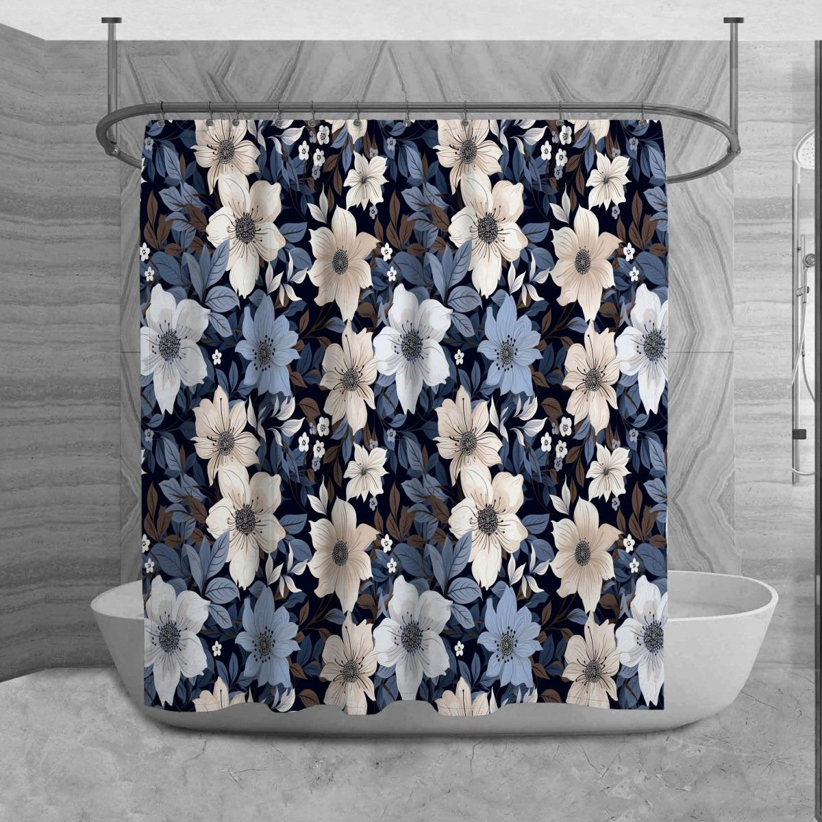 East Urban Home Floral Shower Curtain Pattern Bathroom Decor Navy ...