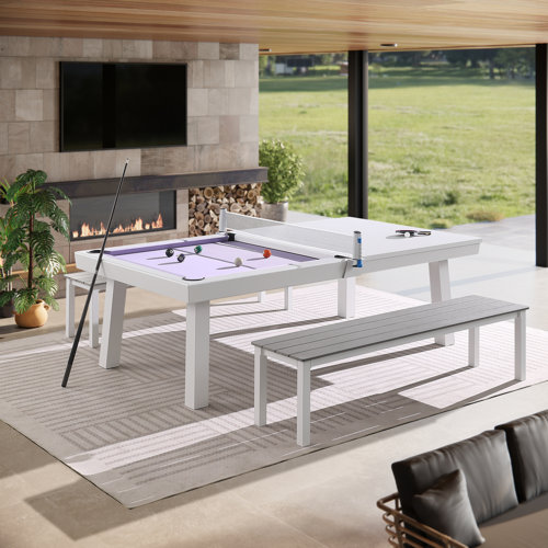 HomeSeason Oasis Outdoor/Indoor Slate Dining Pool Table w/ 2 Benches ...