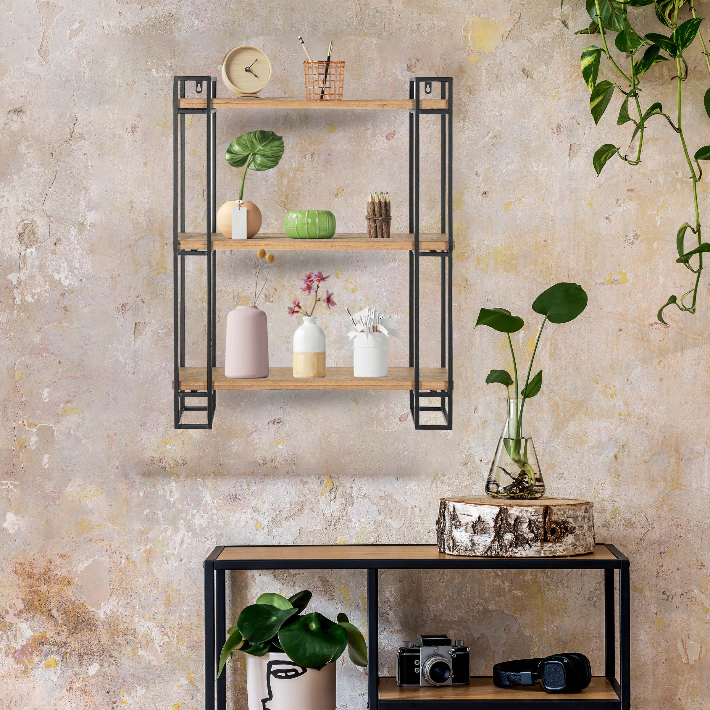 17 Stories 30H Wood and Black Metal Wall-Mount Display Shelf, Wall ...