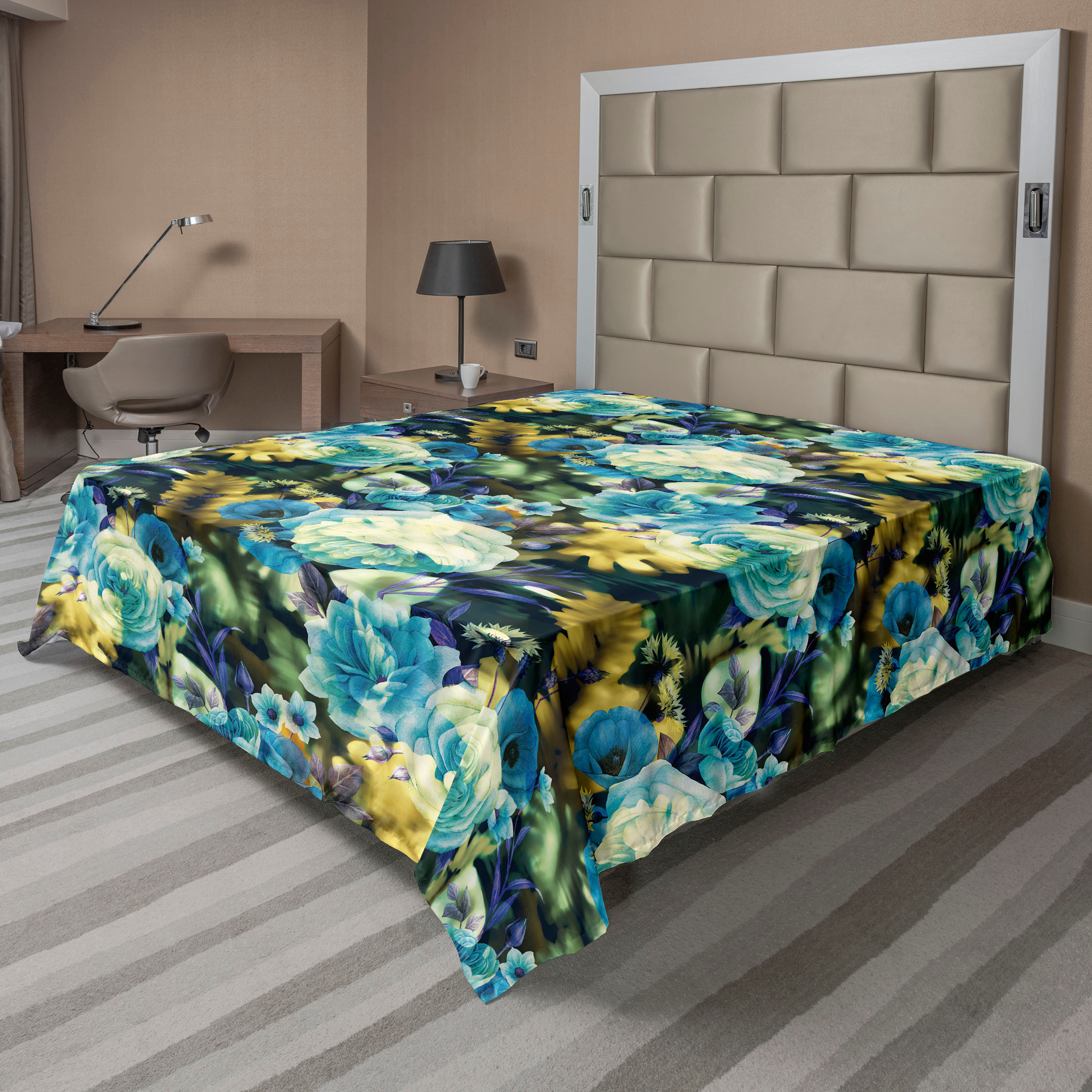 Ambesonne Flowers Flat Sheet Floral Botany Pattern Print Mustard Teal ...