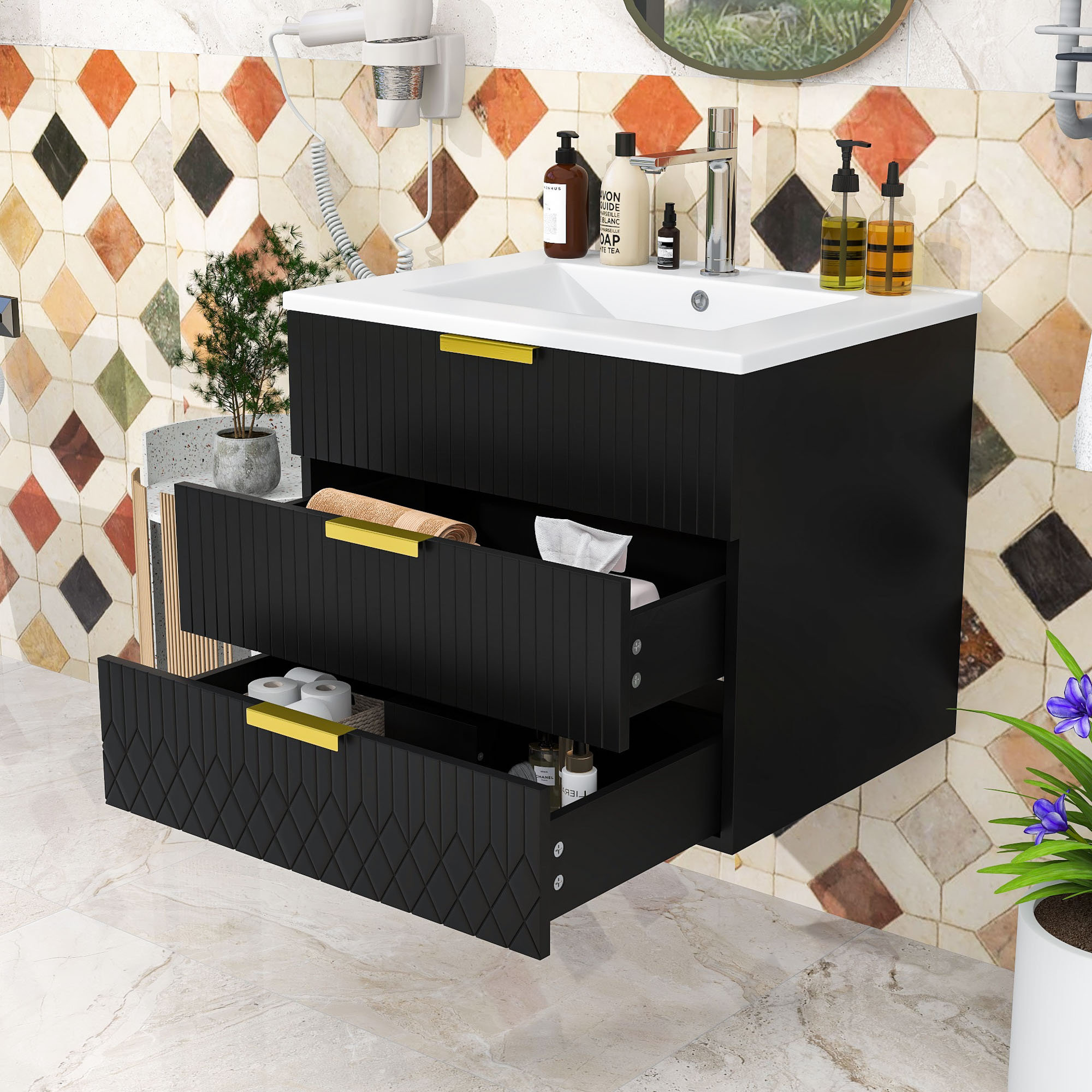 Ebern Designs Wall Mounted Floating Cabinet with 2 Drawers | Wayfair