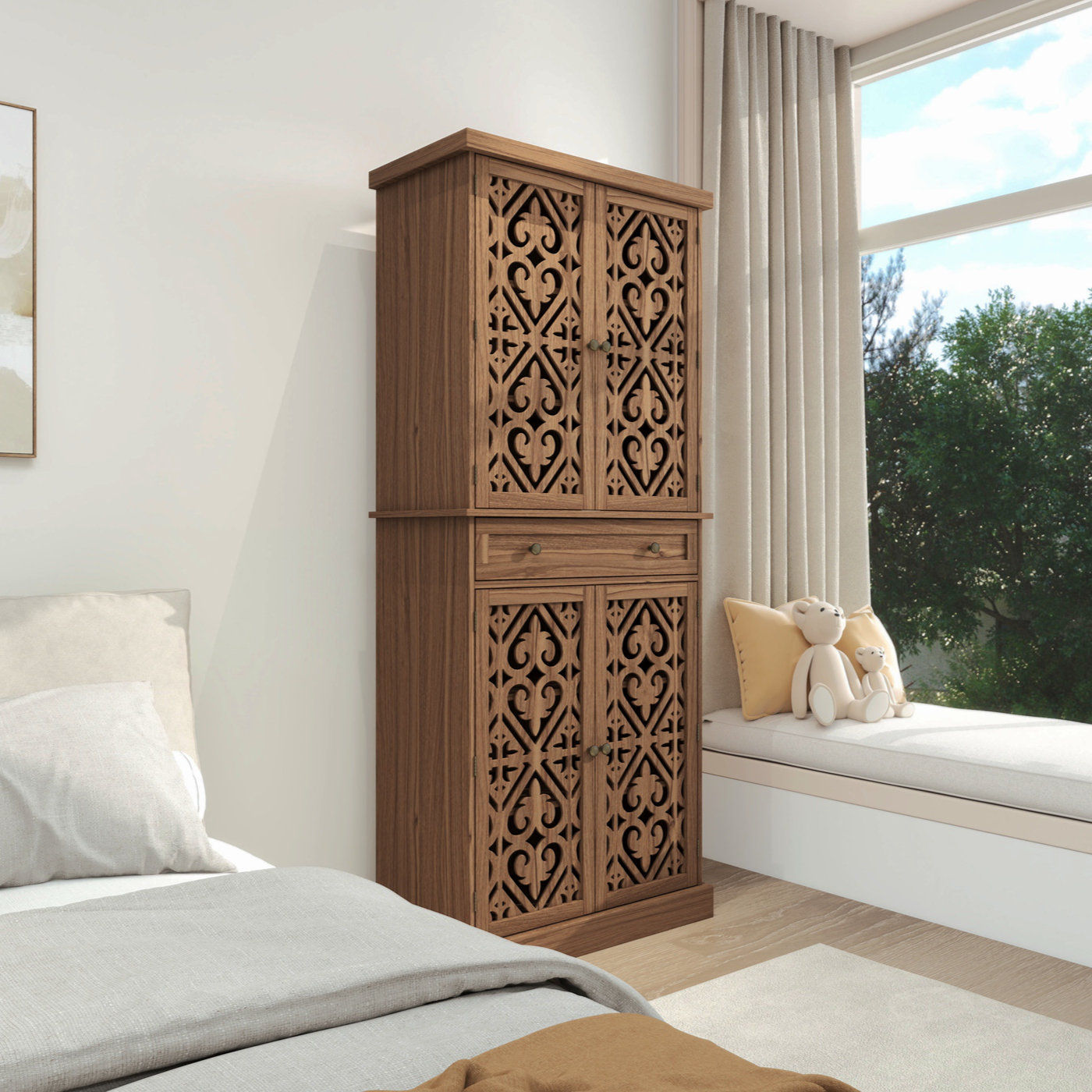 Bungalow Rose Kitchen Pantry Cabinet 4 Door Cabinet With 1 Drawer ...