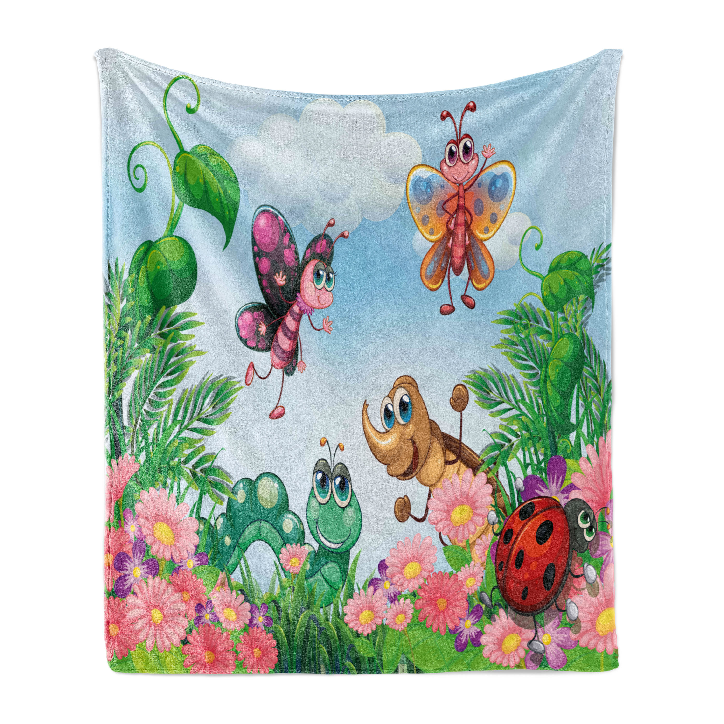Ambesonne Garden Fleece Throw Blanket Butterfly Ladybug Worm Jade Green ...