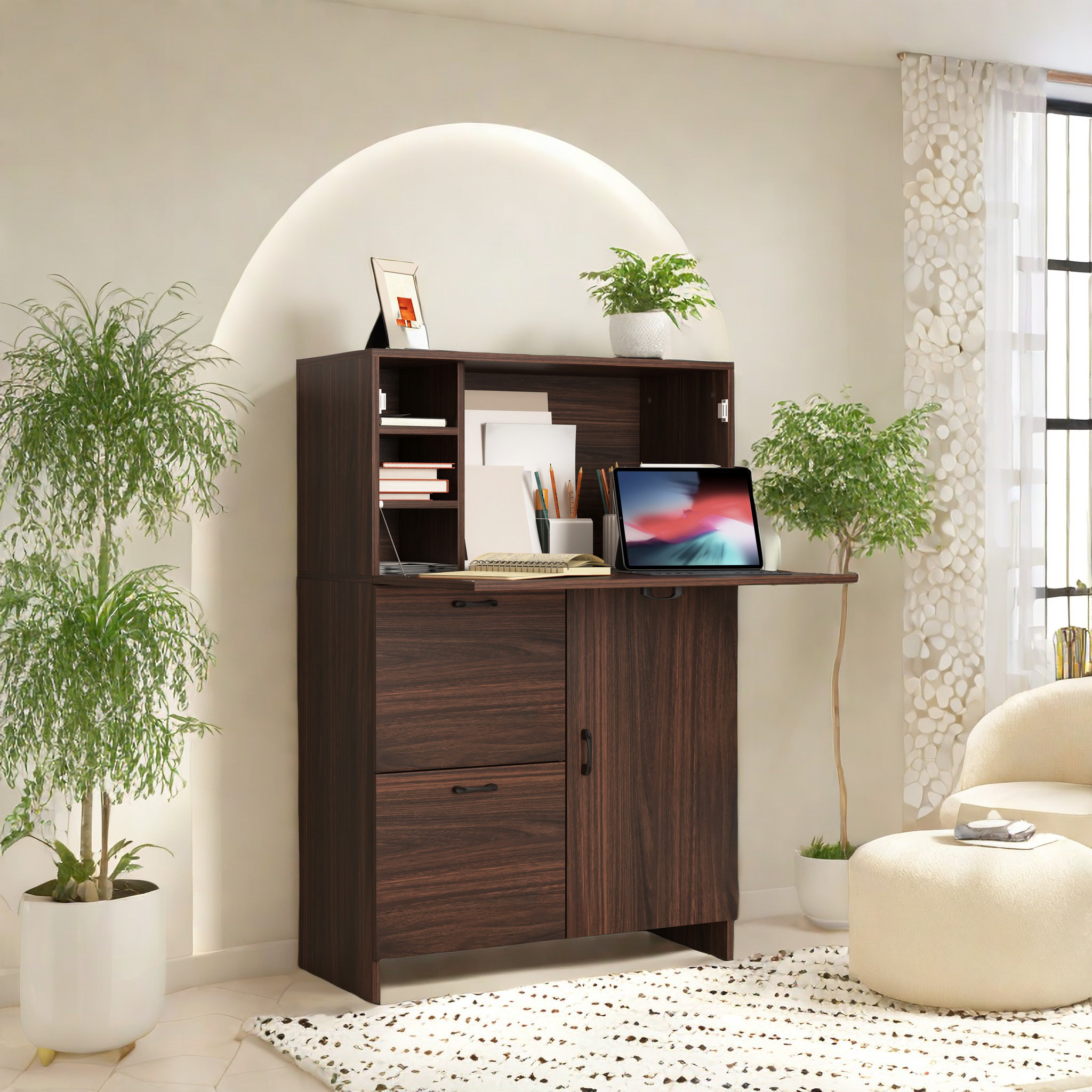 Ebern Designs Fold Up Desk Cabinet With Storage Drawer And Shelves ...