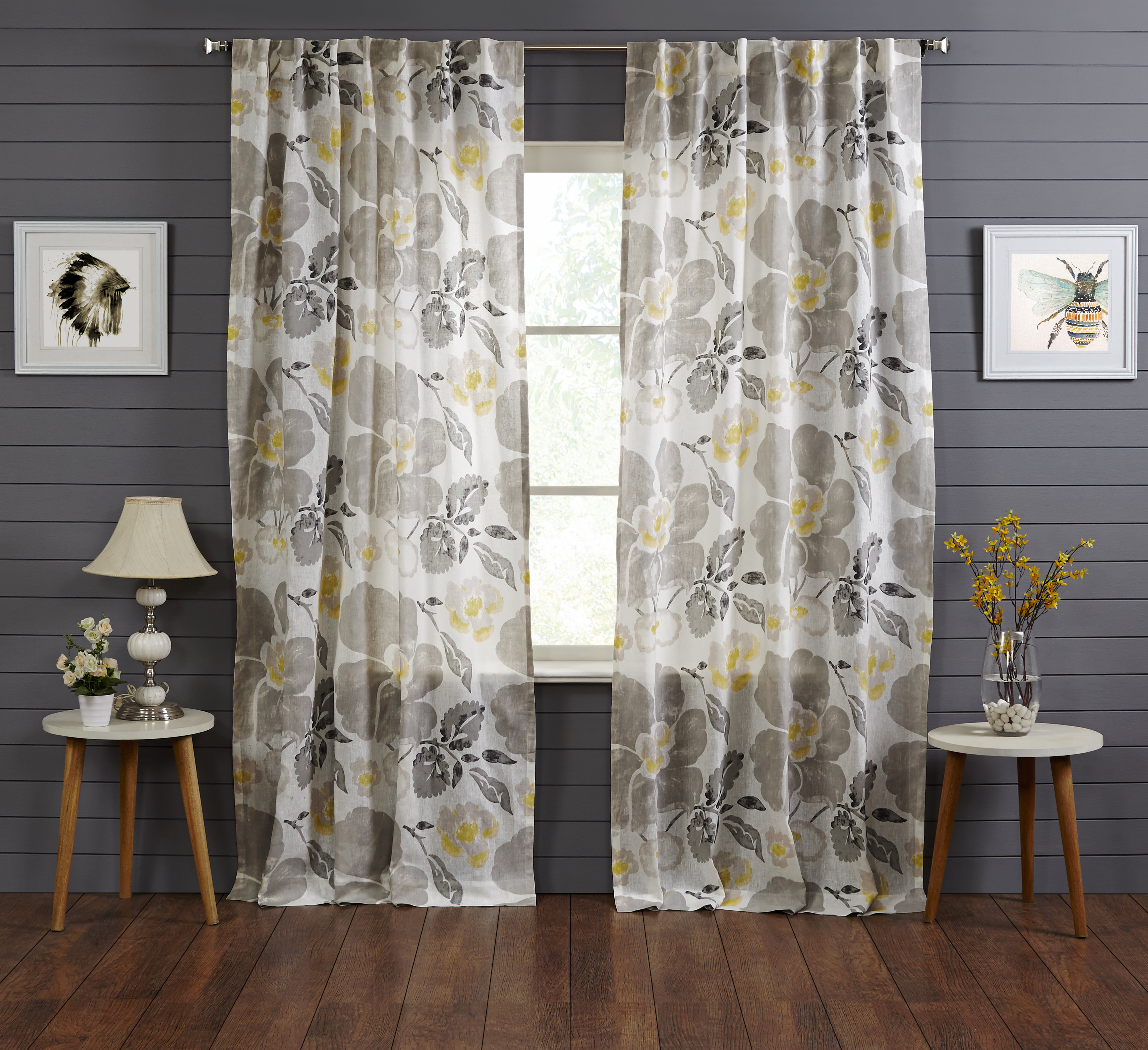Peppermint Home Floral Print Curtain Panel In Ivory Grey Yellow Colors ...