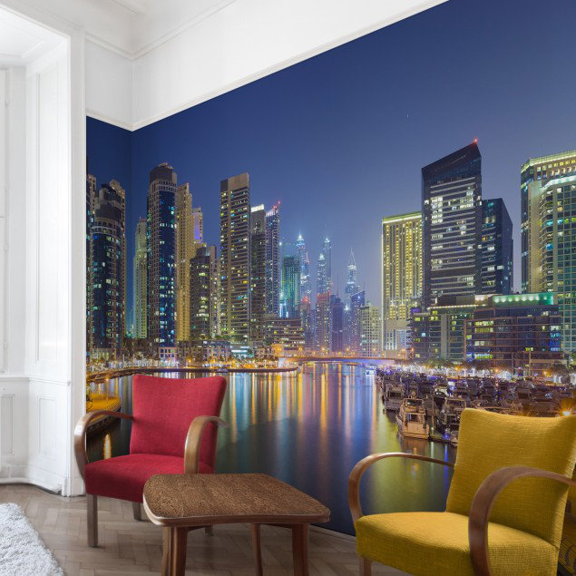 East Urban Home Dubai Skyline by Night Textured Semi-Gloss Wallpaper ...