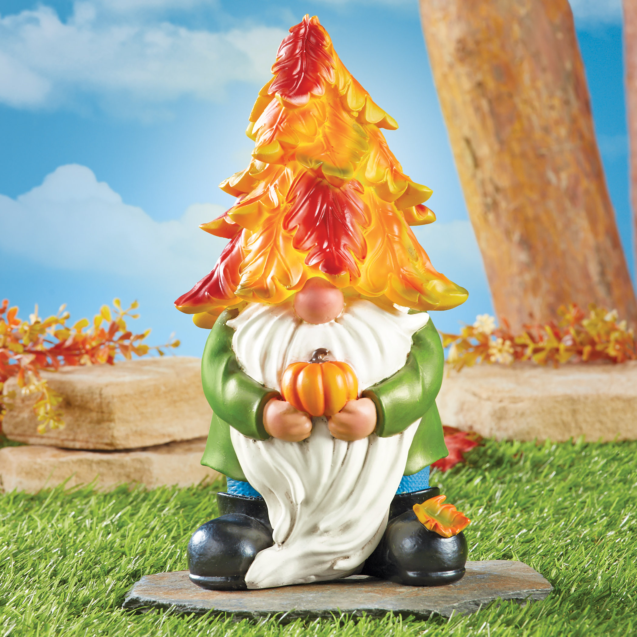 The Holiday Aisle® Solar Powered Fall Gnome with Pumpkin Garden Statue ...