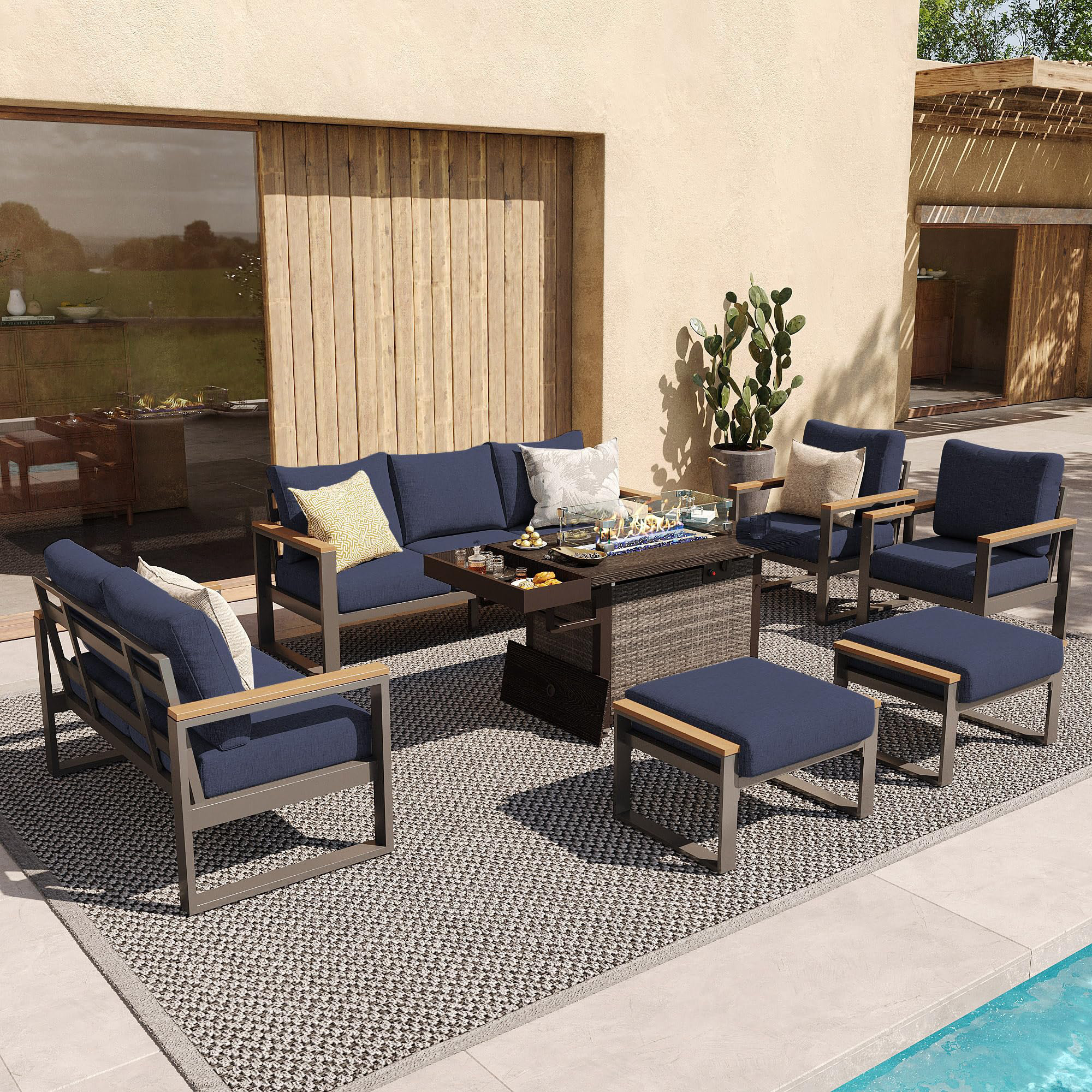 Aura Outdoor Outdoor 7-piece Patio Furniture Set With Fire Pit Table ...