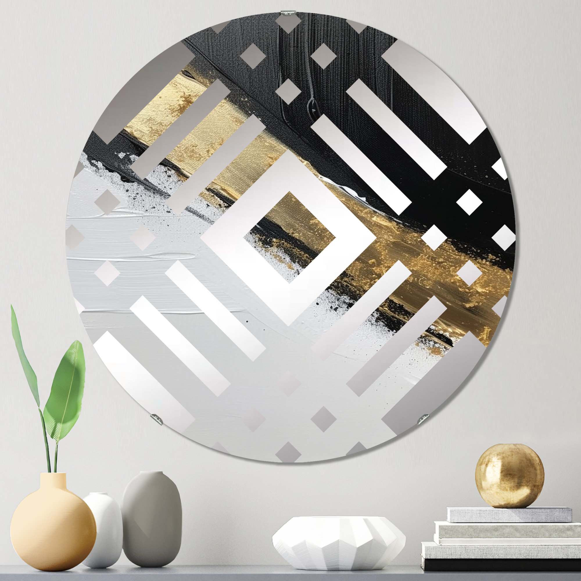 Design Art Minimal Joy In Black And Gold I - Diamond Decorative Mirror ...
