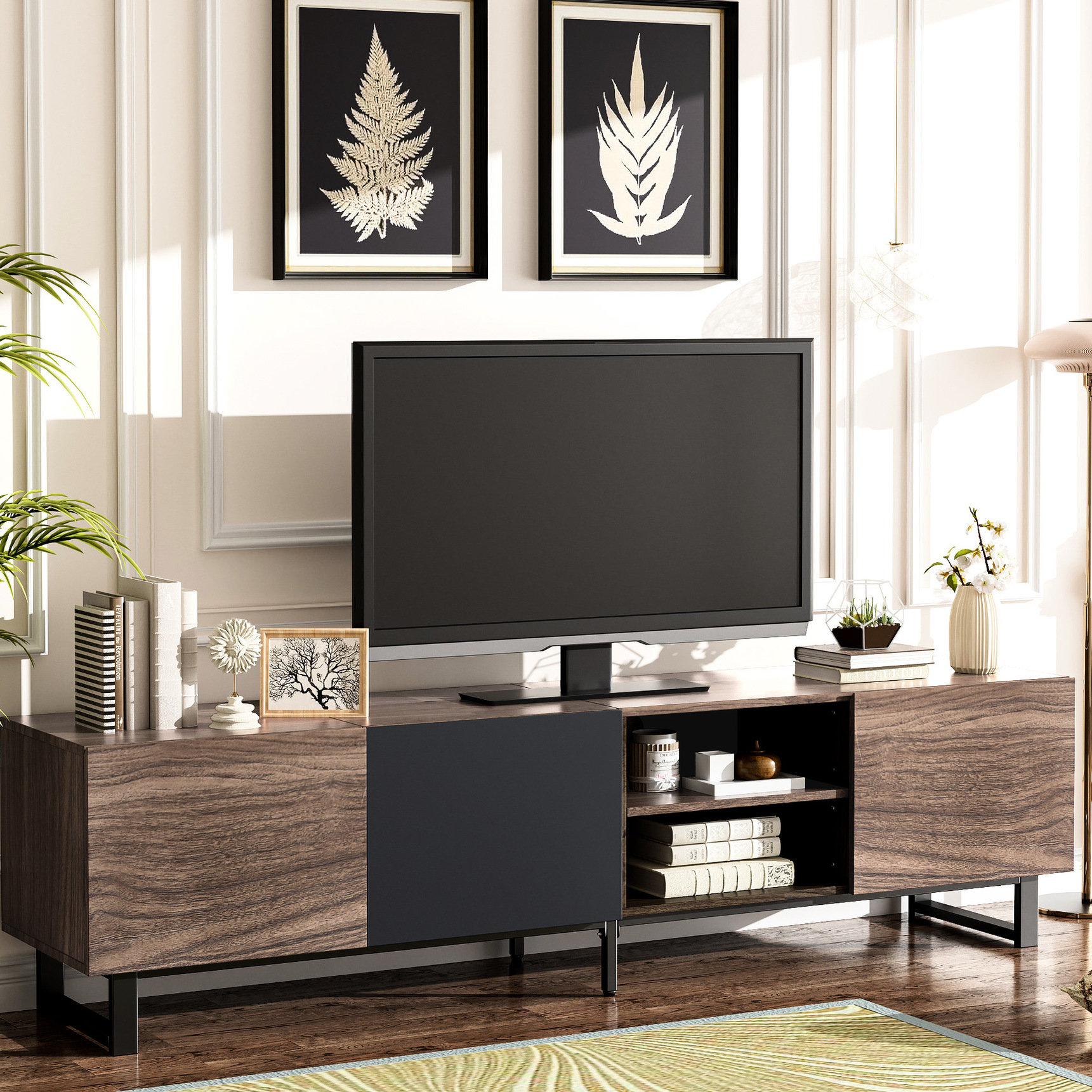 Ebern Designs Colour-matching Tv Stand With 3 Cabinets & Open Shelves ...