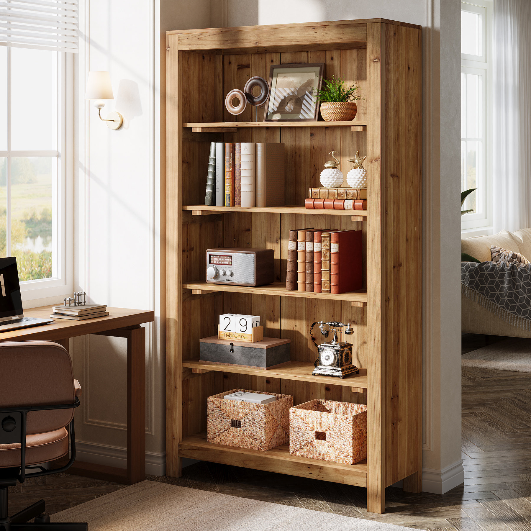 17 Stories Rustic Solid Wood 5-Shelf Bookcase - Farmhouse Style Open ...