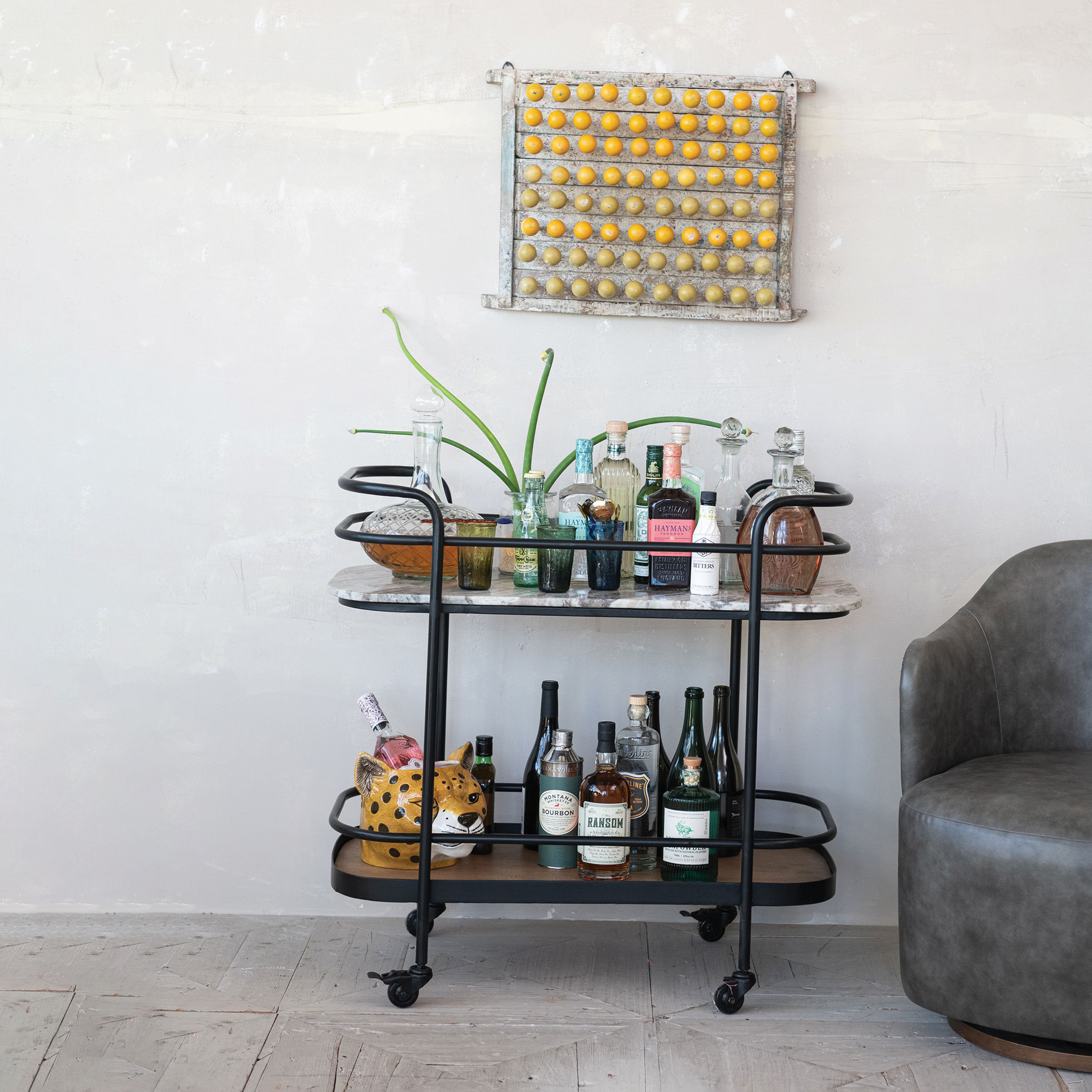 17 Stories Metal, Marble, And Mango Wood 2-Tier Bar Cart On Caster ...