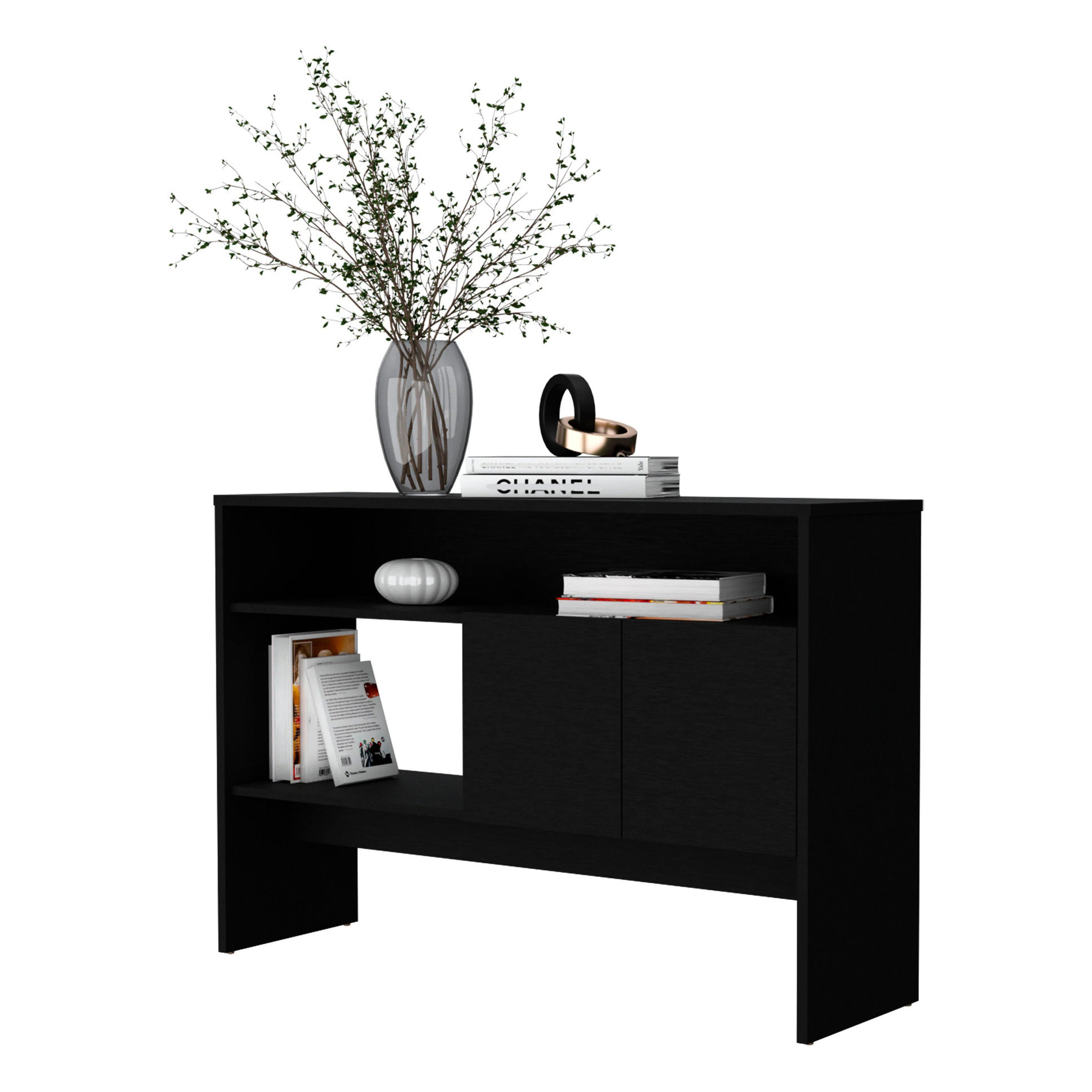 Latitude Run® Black Console Table With Two Doors For A Tidy Living Area ...