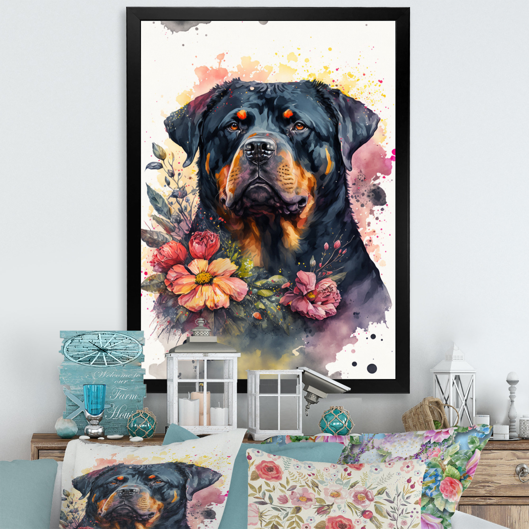 Red Barrel Studio® Cute Rottweilers Floral Art I - Painting on Canvas ...