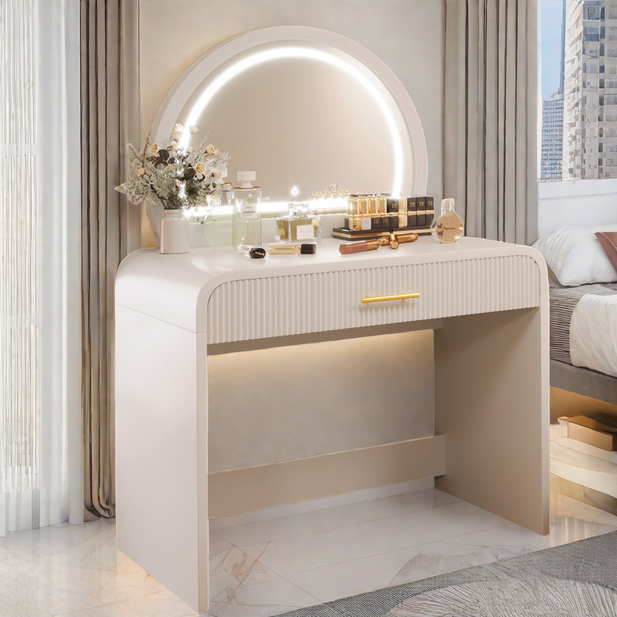 Ivy Bronx Lederman Makeup Vanity Table with Touch Screen Lighted Mirror ...