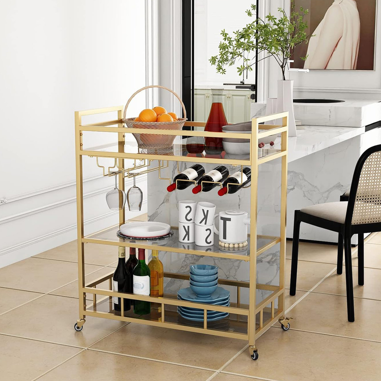 Rosdorf Park 3-Tier Bar Cart Gold with Bottle Storage and Wine Glass ...