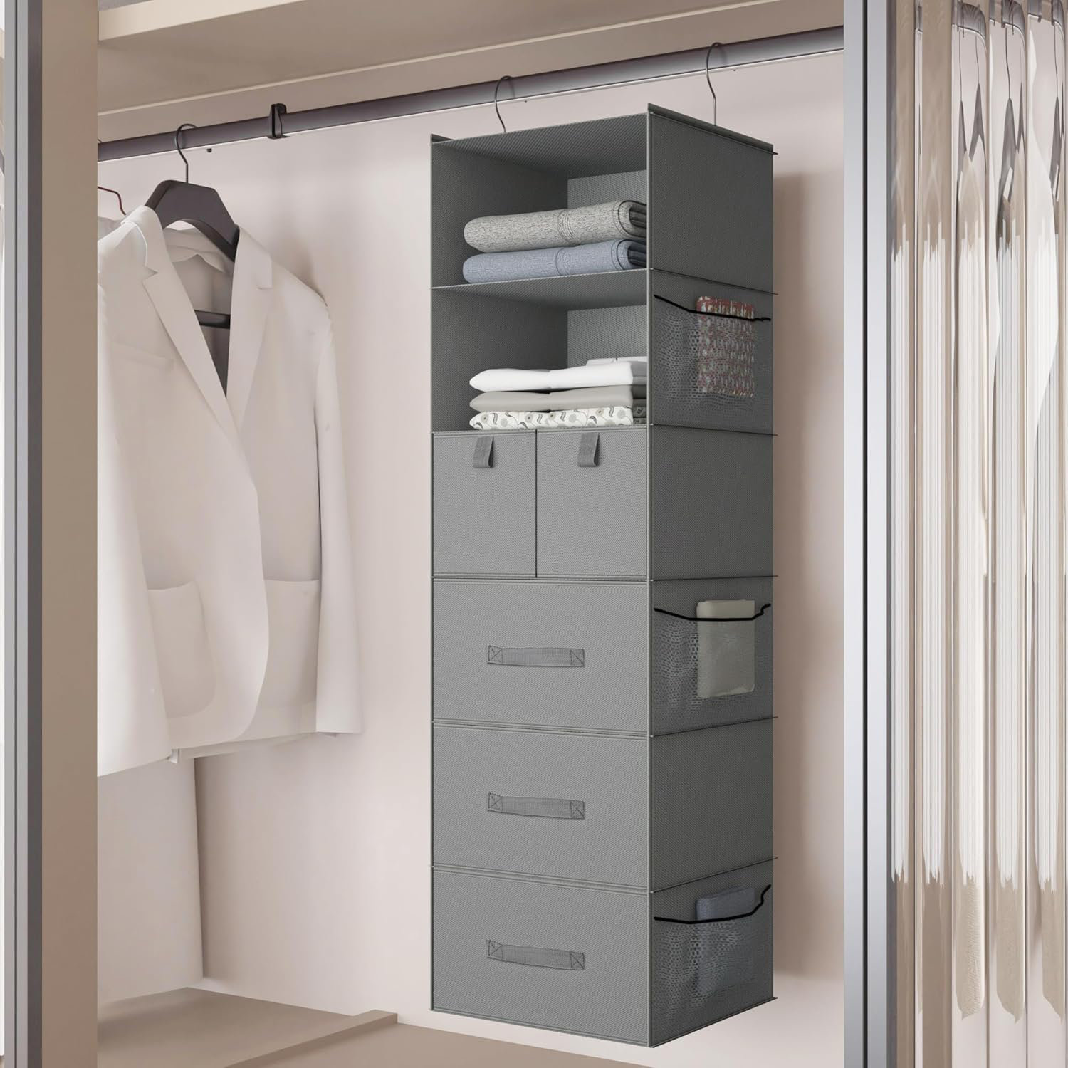 Rebrilliant 6 Shelves Hanging Closet Organizer With 5 Different Drawers ...