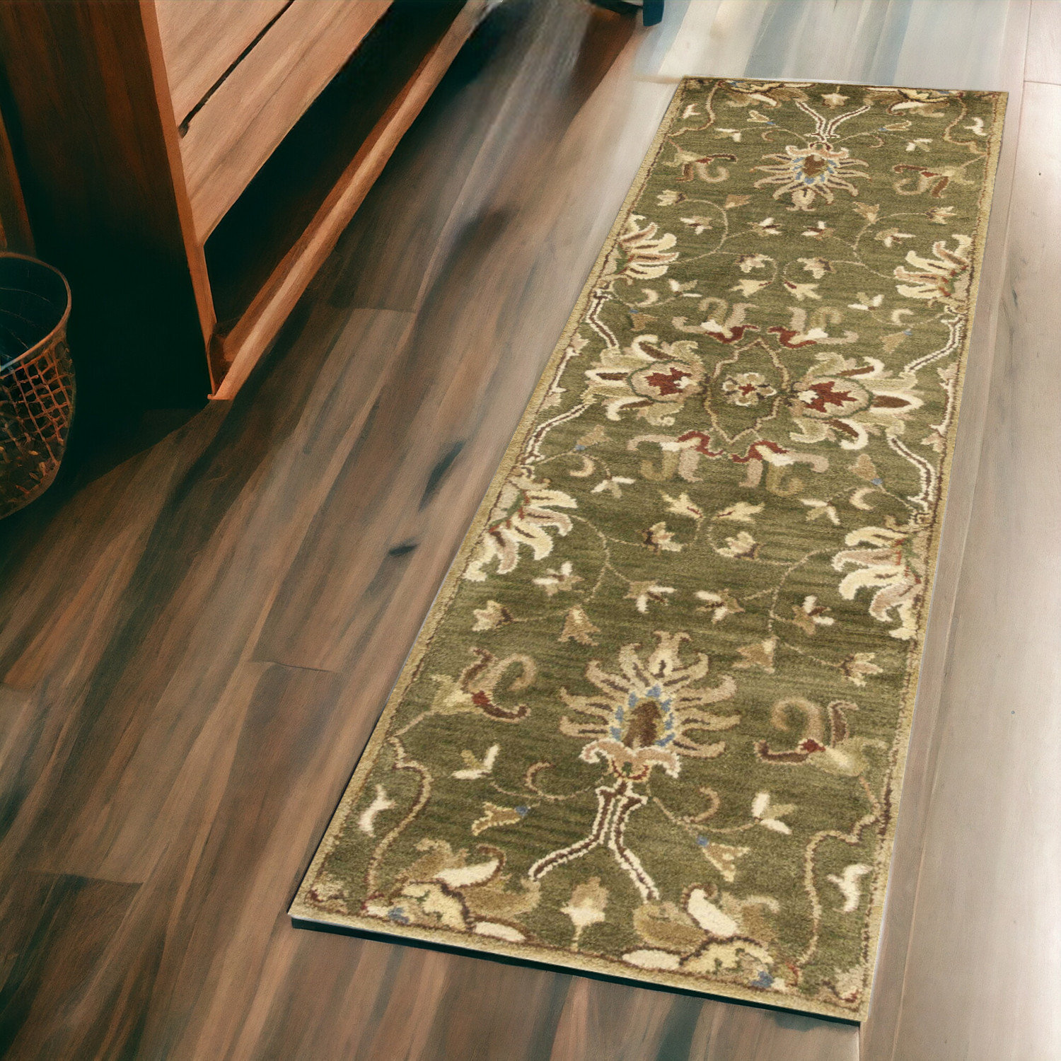 HomeRoots 2' X 7' Emerald Green Floral Vine Wool Runner Rug | Wayfair