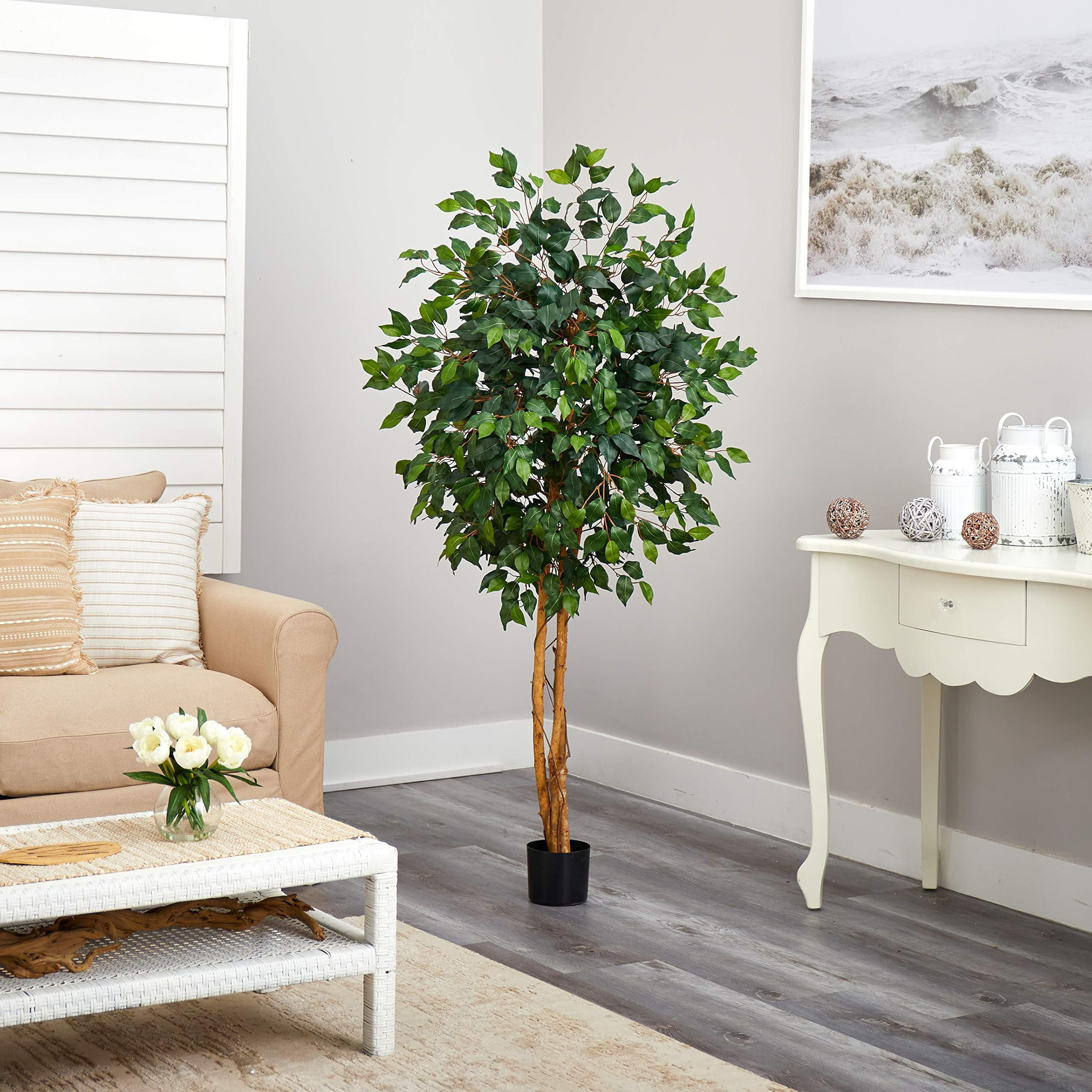 Primrue Artificial Ficus with Curved Trunk, Fake Plant, 5 Feet, Green ...