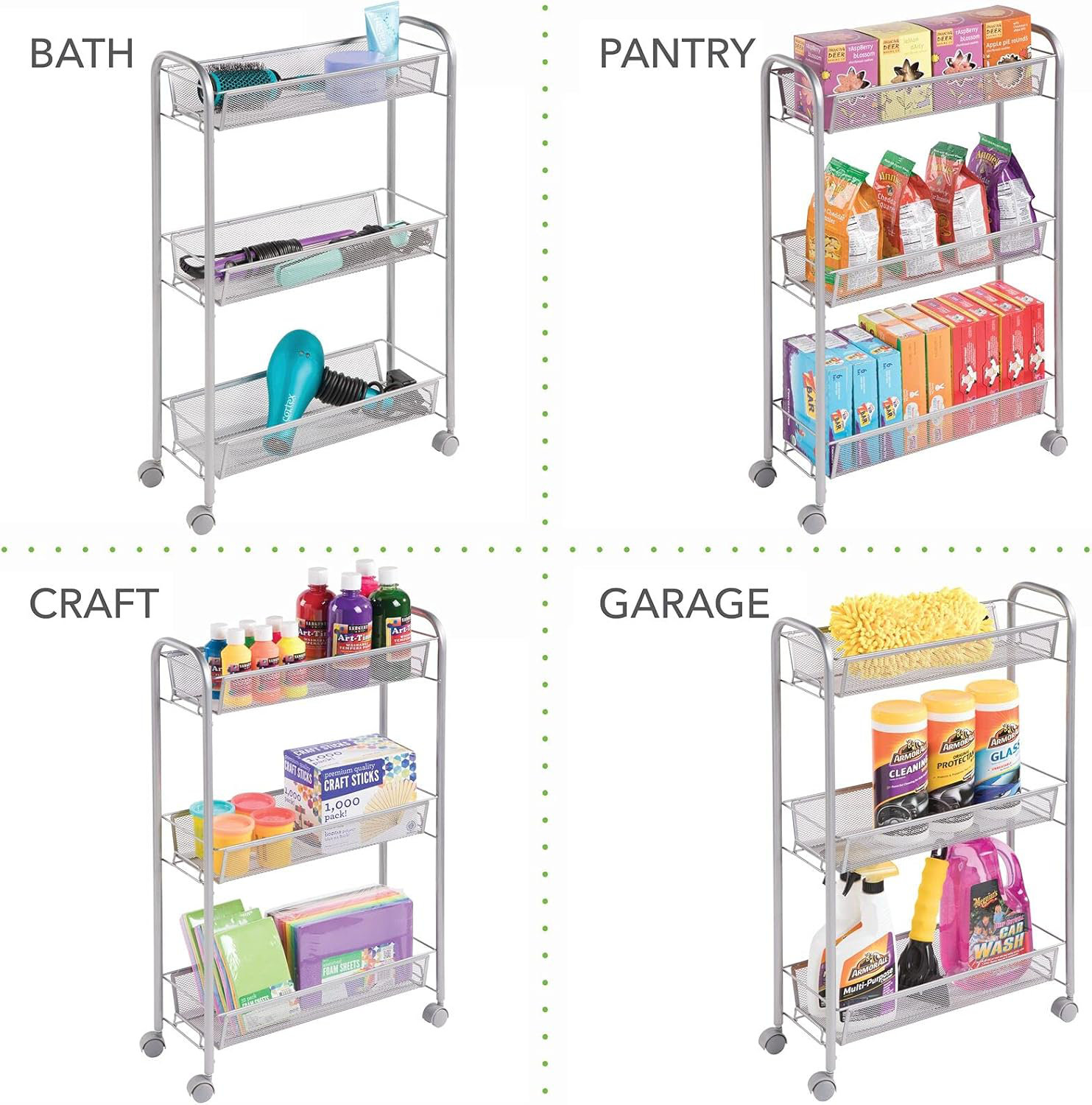 Rebrilliant 3-Tier Steel Rolling Utility Cart With Basket Shelves For ...