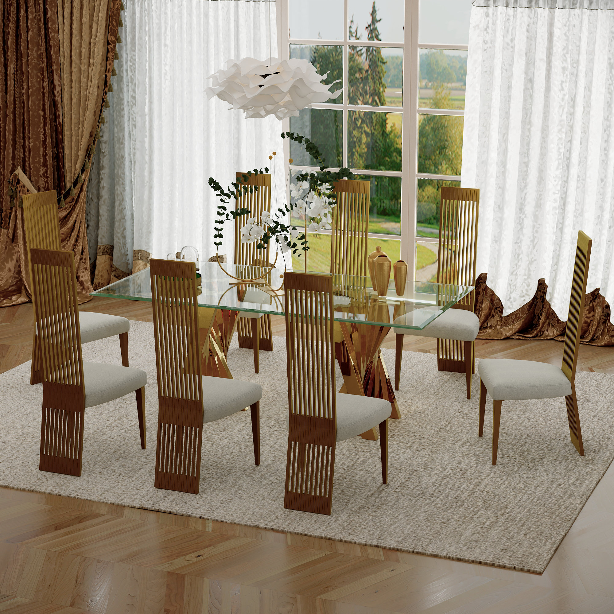 Mercer41 78 Inch Clear Glass And Gold Dining Table With Falcone ...