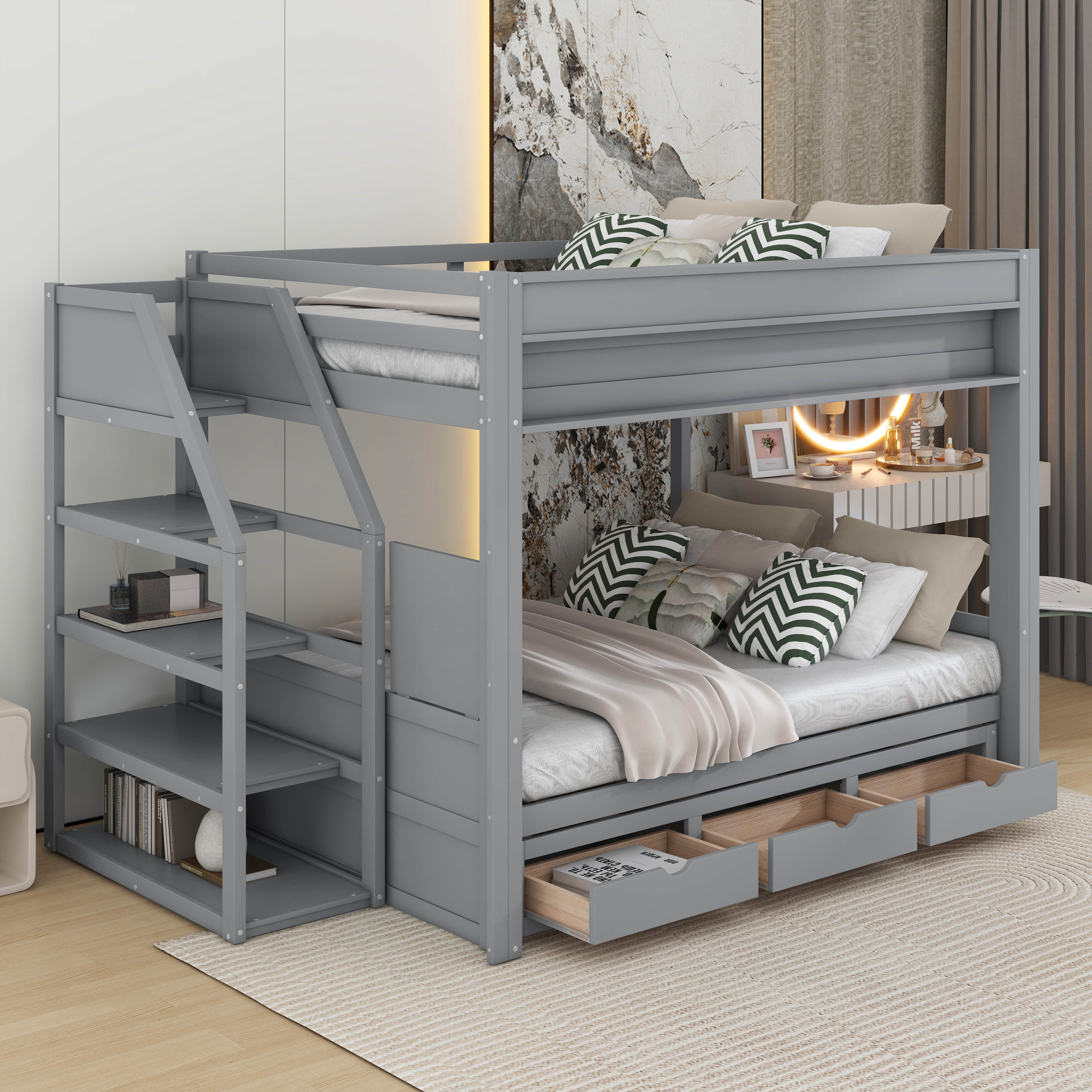 Harriet Bee Wood Full Size Convertible Bunk Bed With Storage Staircase ...