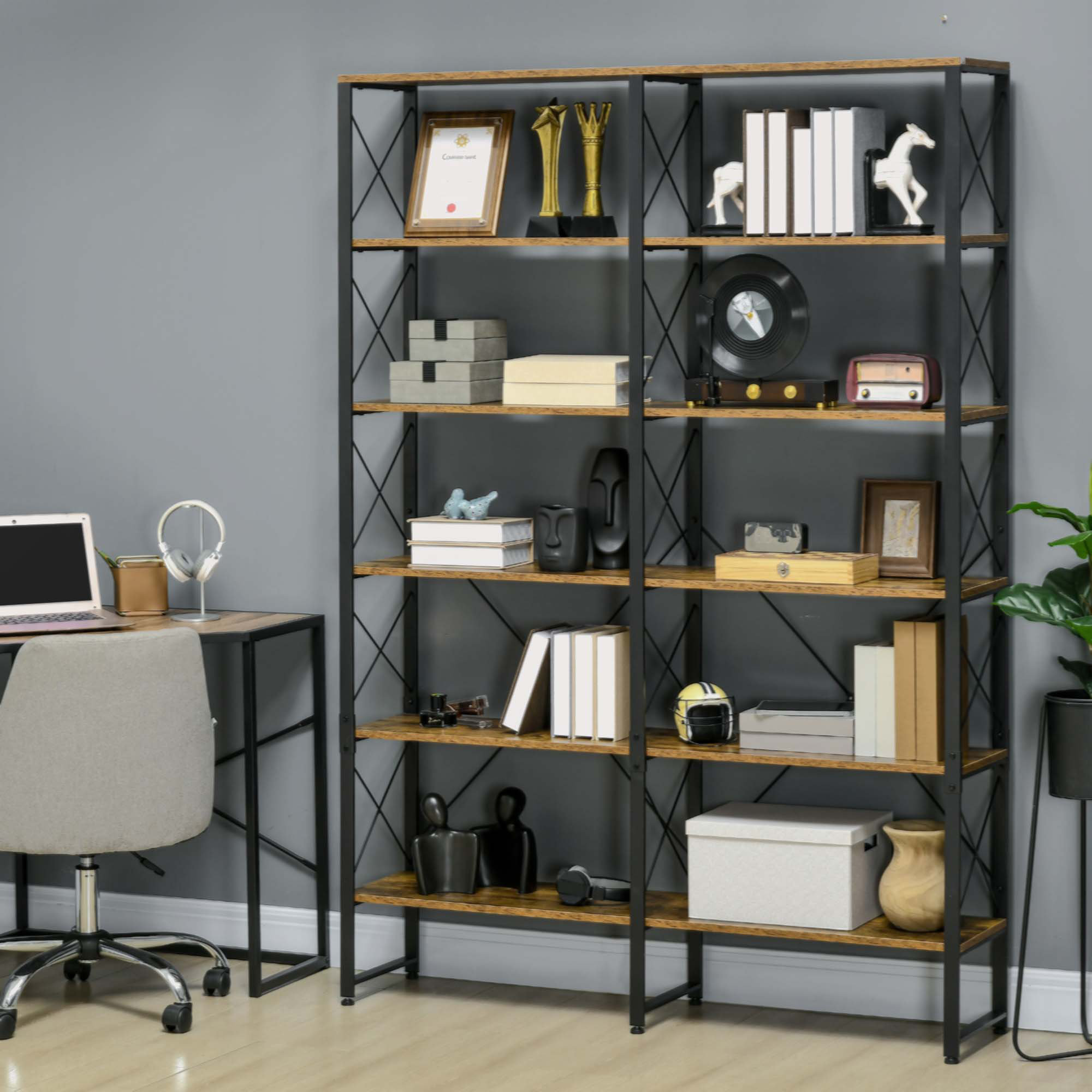 David 5-Tier Bookshelf With Steel Frame, Bookcase With Adjustable Foot ...