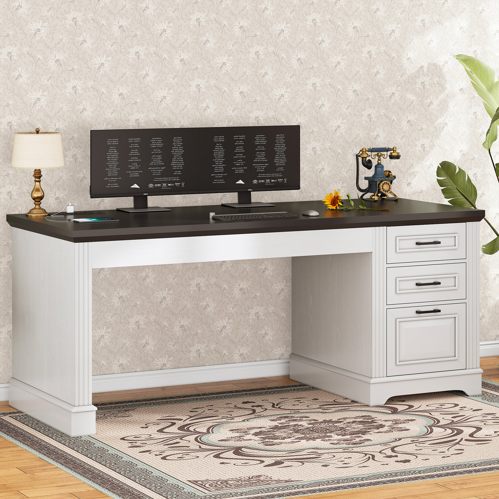 Winston Porter Computer Desk Executive Desk With 3 Drawers, Farmhouse ...