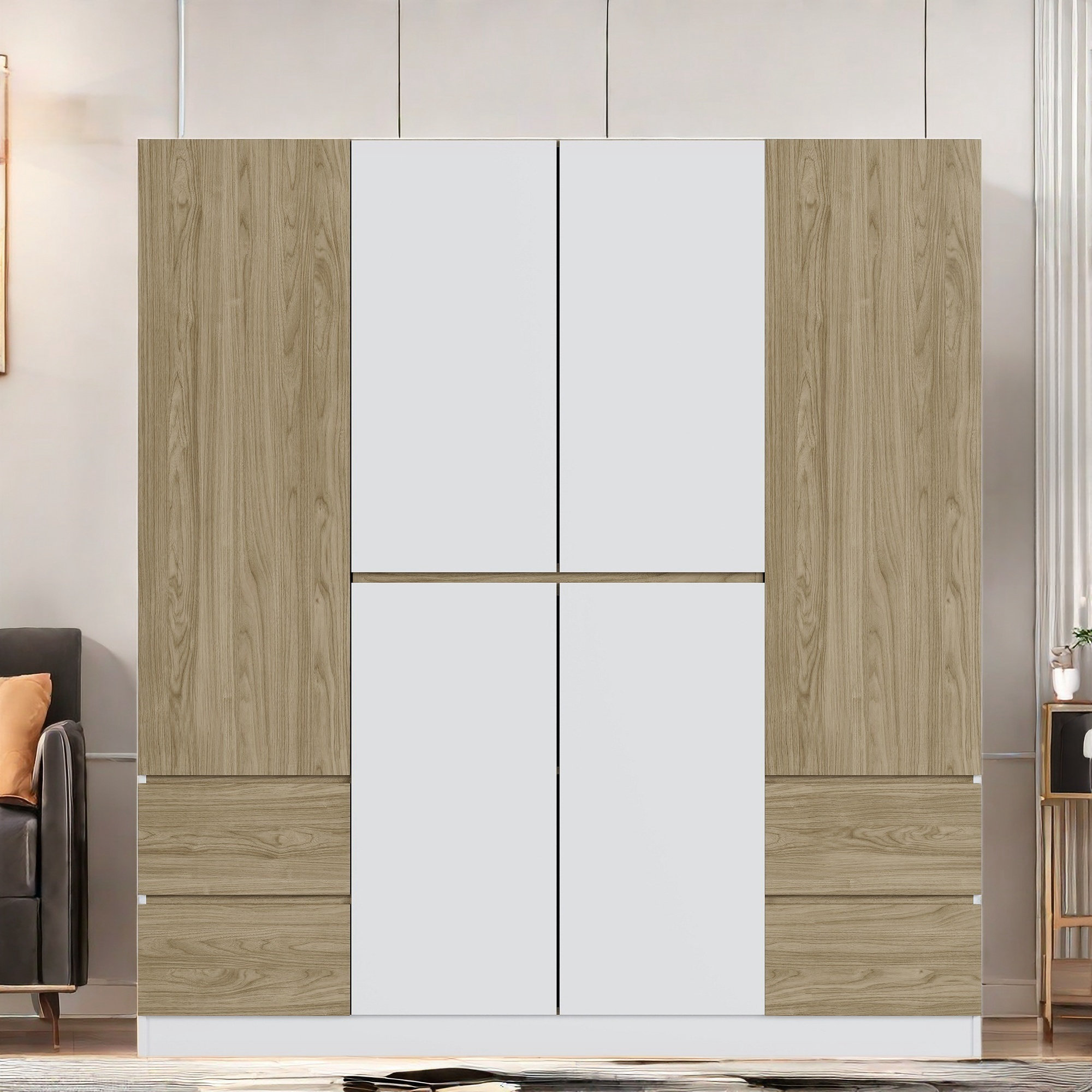mosaicmotifco 6-door Wooden Wardrobe With 4 External Drawers And Built ...