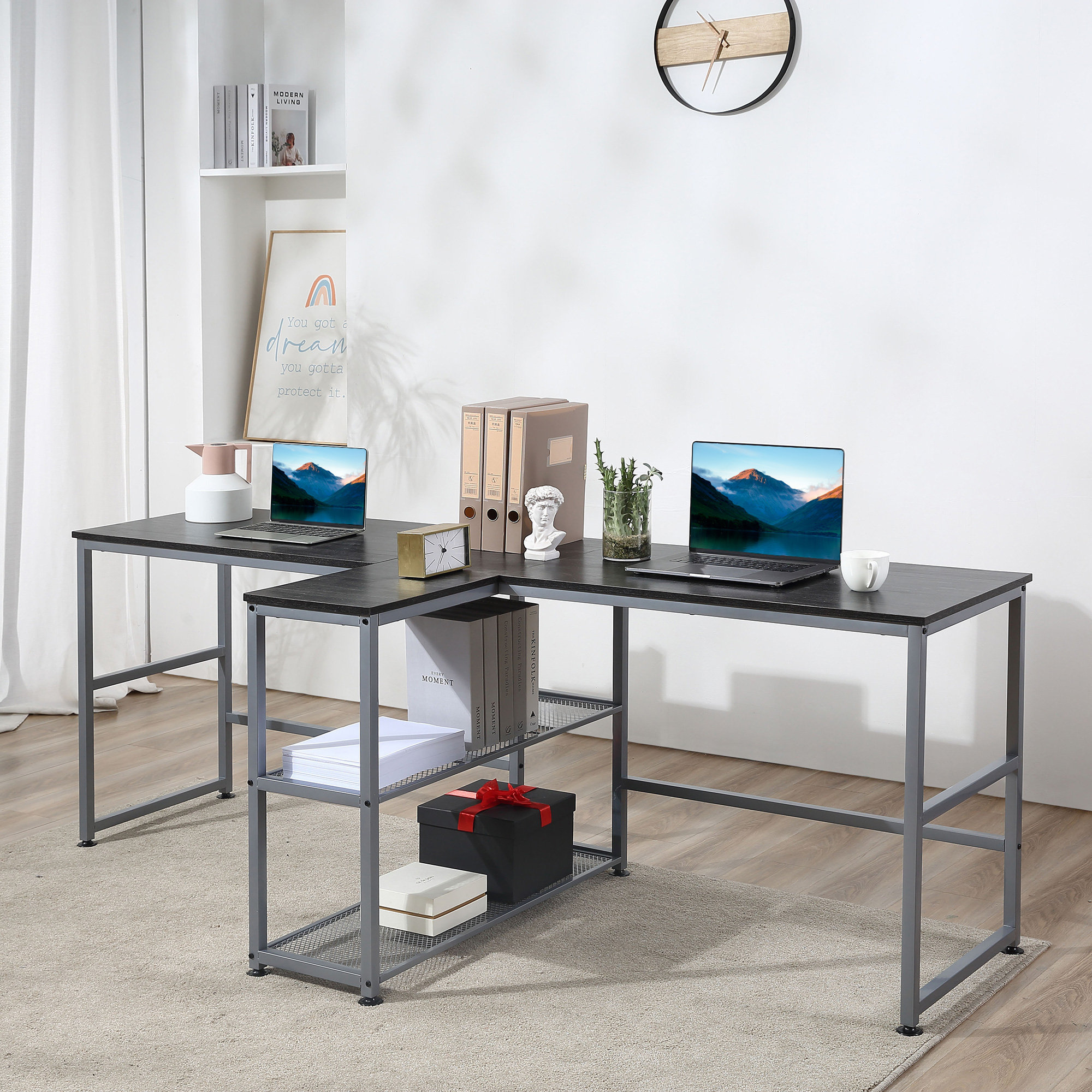 17 Stories 83" Two Person Computer Desk with 2 Storage Shelves | Wayfair