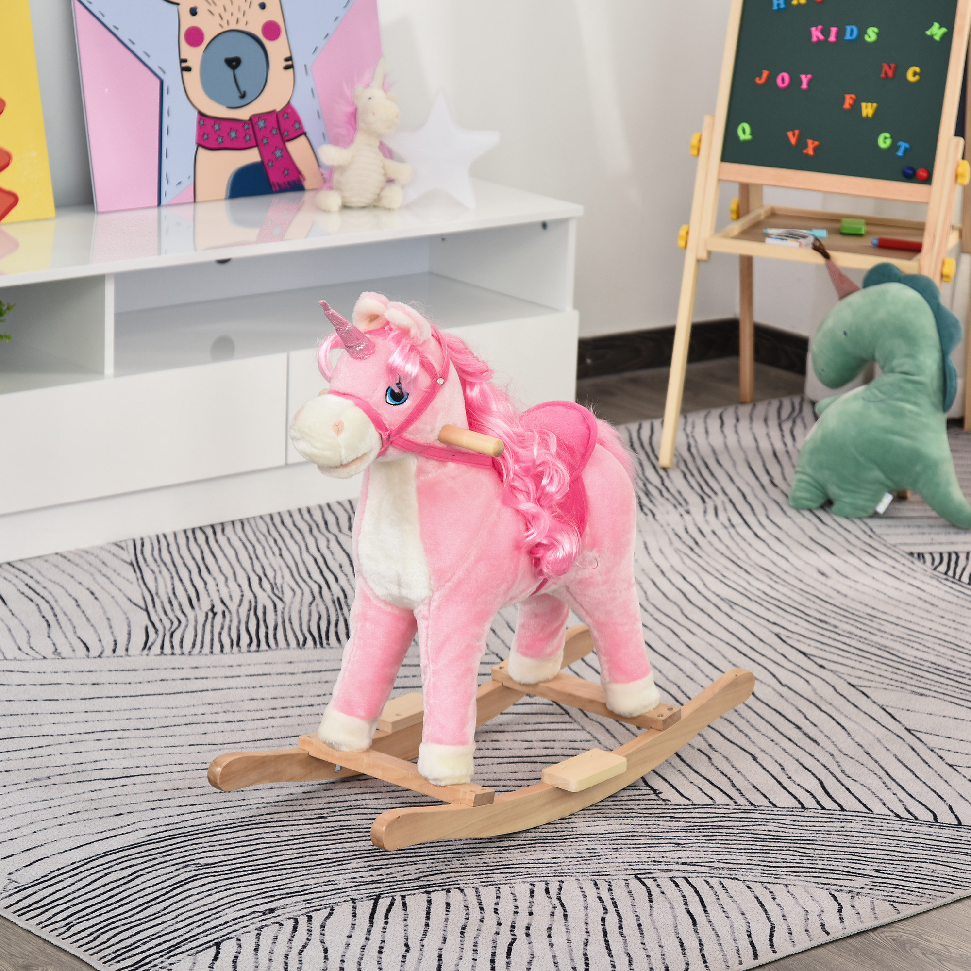 Qaba Kids Rocking Horse, Ride on Unicorn w/ Wooden Base, Tail Wag ...