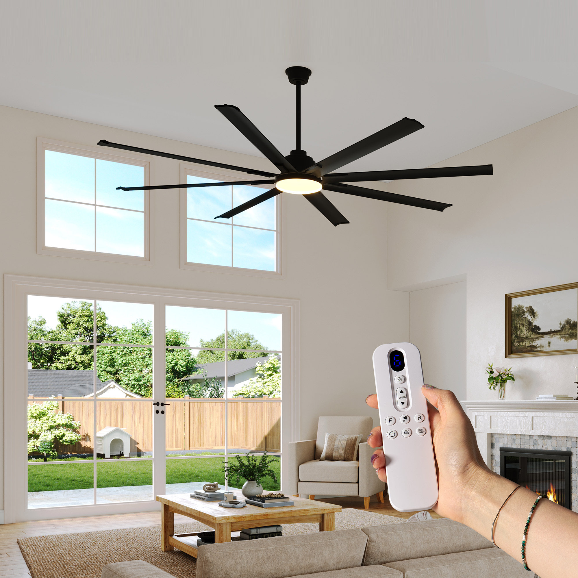 Latitude Run® Ceiling Fan with Light, 8-Blade Large Ceiling Fan with ...