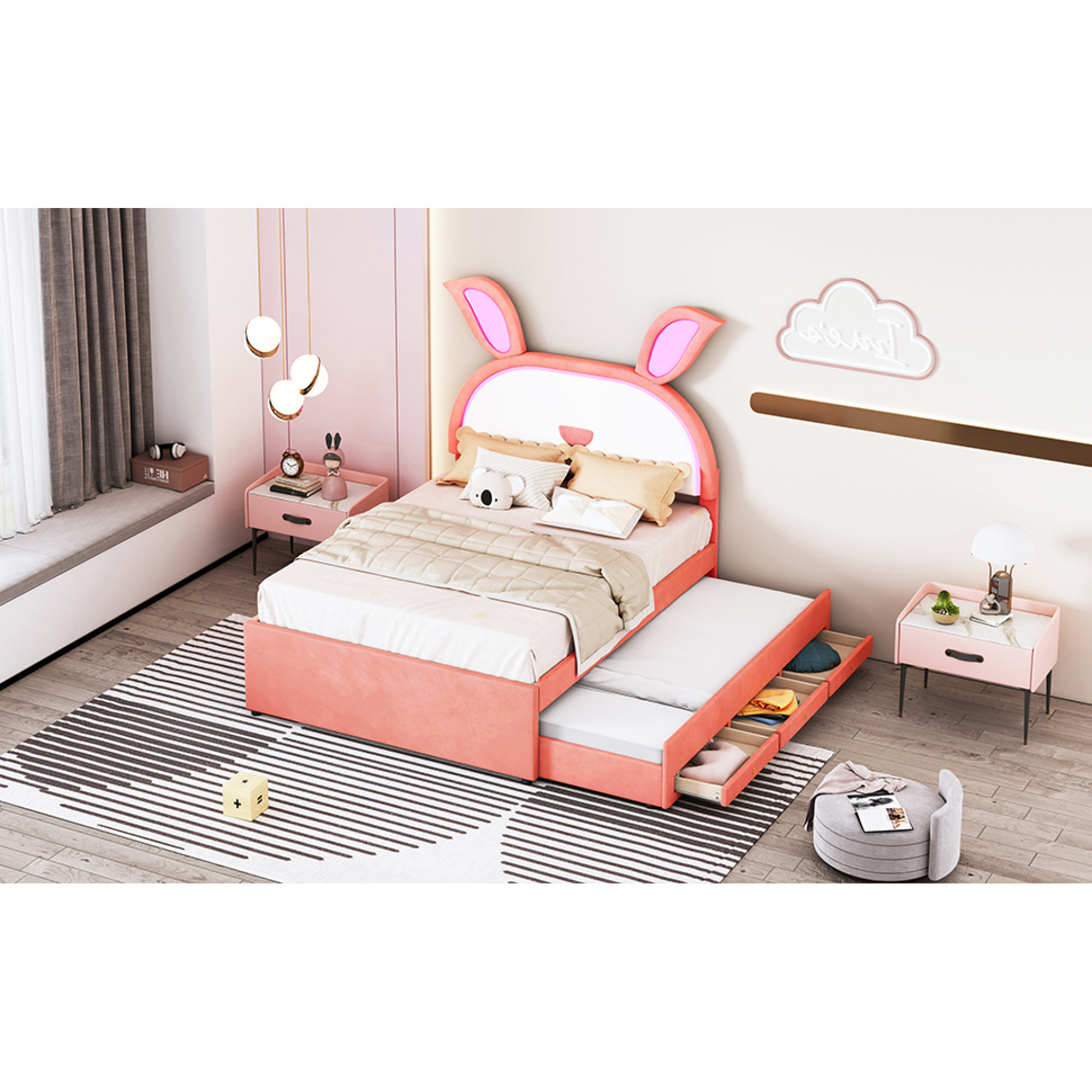 Zoomie Kids Whimsical Rabbit-headboard Velvet Bed With Led Style ...