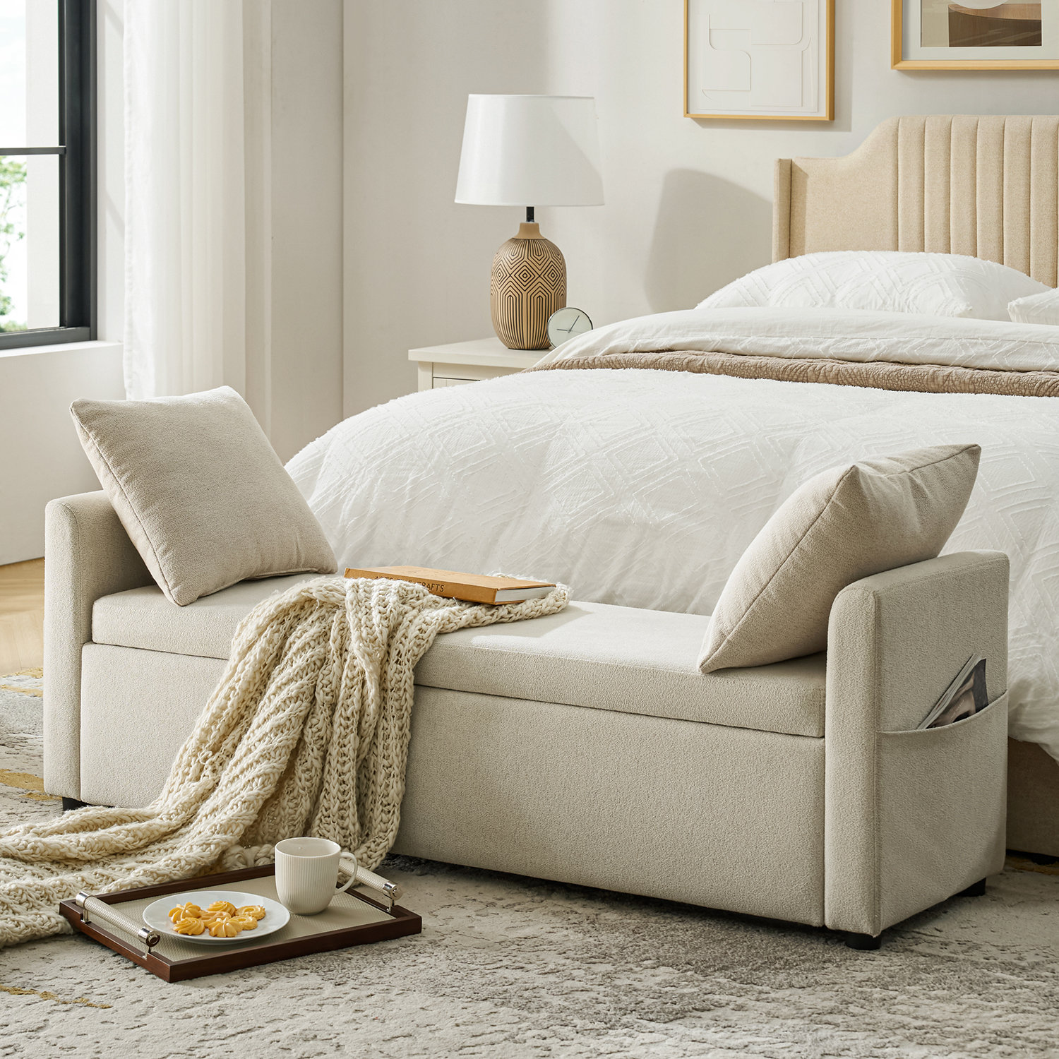 Ebern Designs Patrece 59"W Modern Storage Bench with Two Pillows and ...