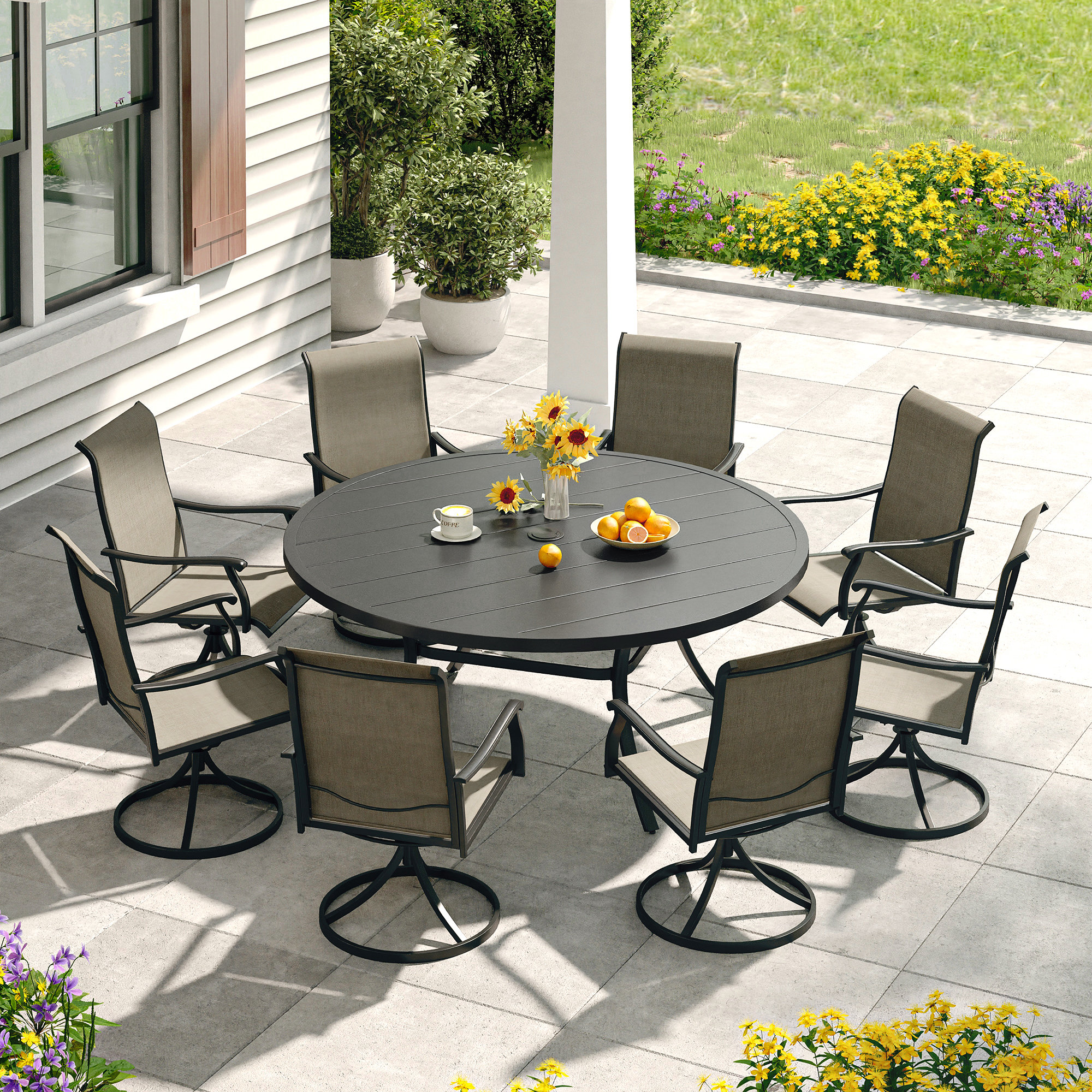 HAK 7 Pieces Patio Round Table Outdoor Dining Set With Swivel Chair ...