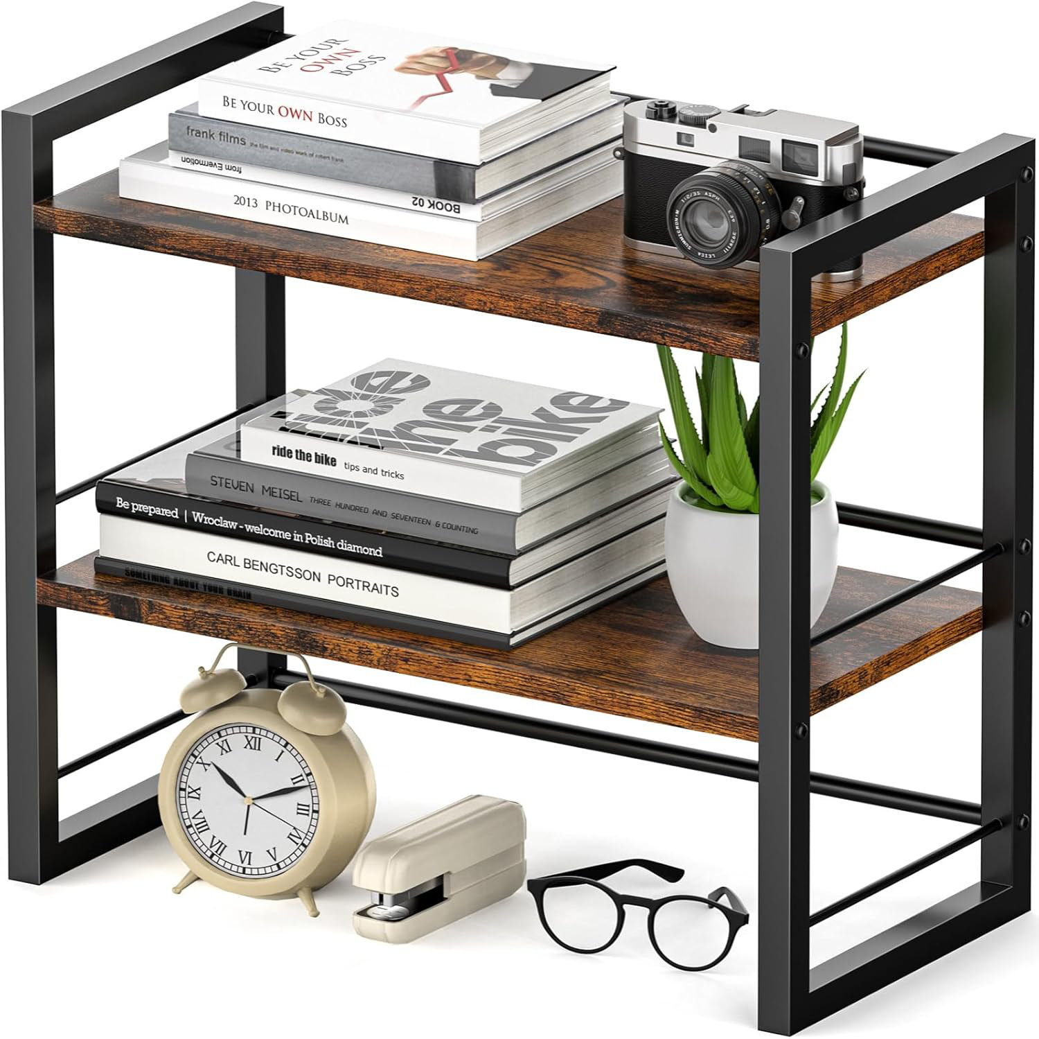 George Oliver Wooden Desk Shelf Organizer With Metal Frame, 2-Tier ...
