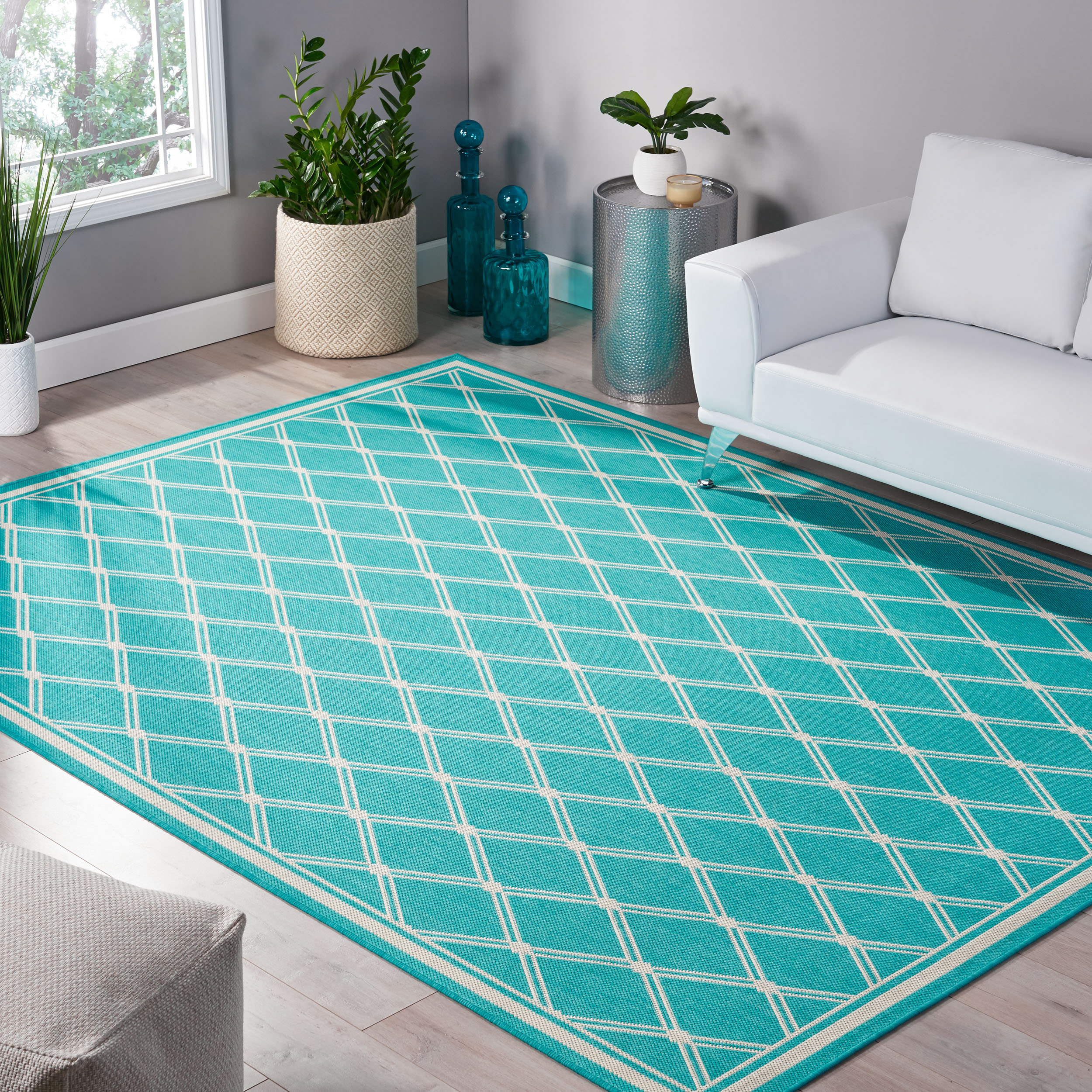 Longshore Tides Geometric Teal/Ivory Rug | Wayfair