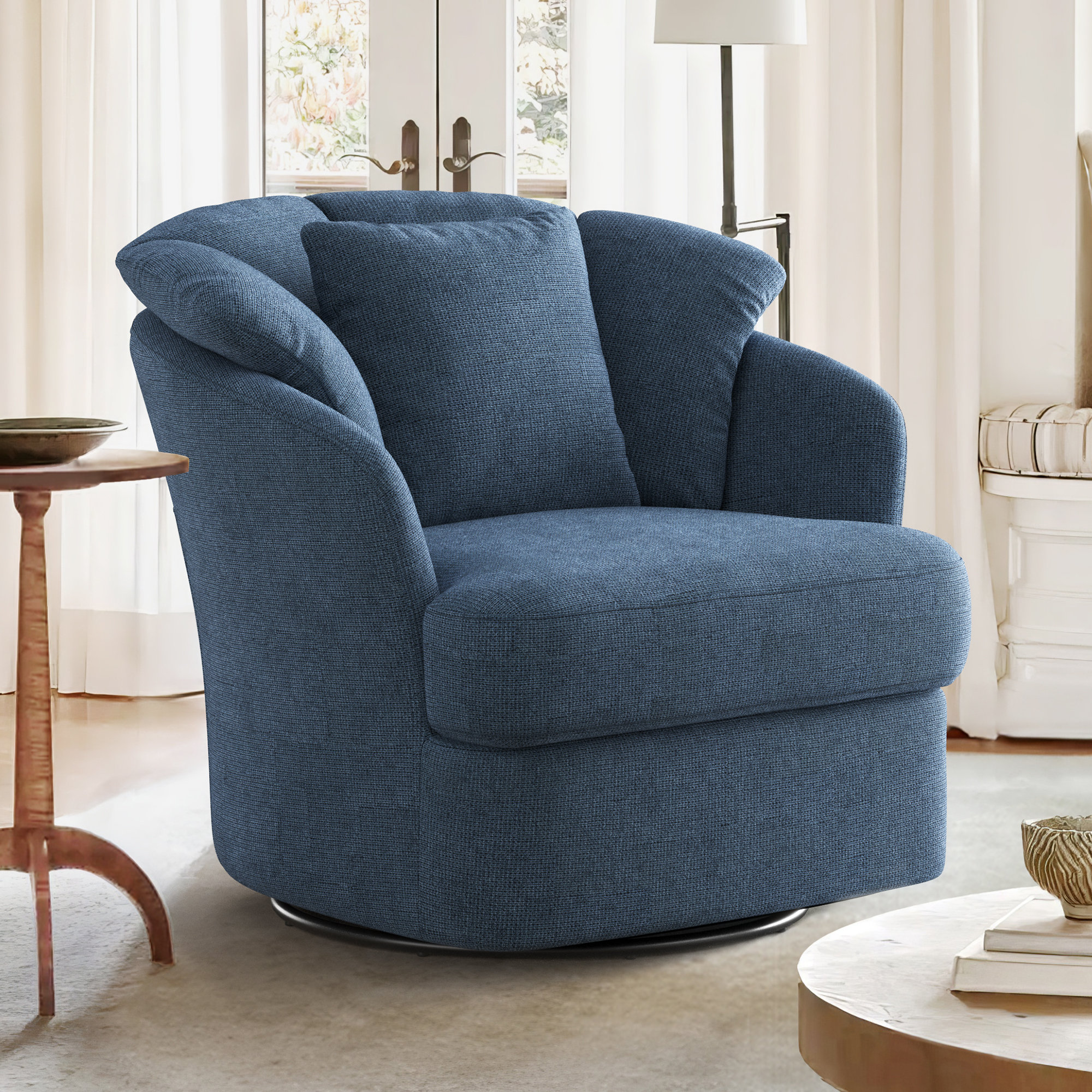 Latitude Run® Rowena Linen Swivel Chair, Metal Ring Barrel Chair Mid ...