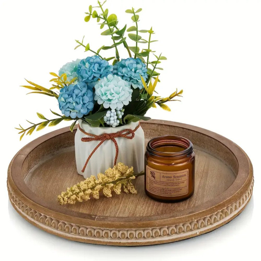 Ophelia & Co. 1Pc Wood Decorative Tray Round: Brown Bead Tray For ...