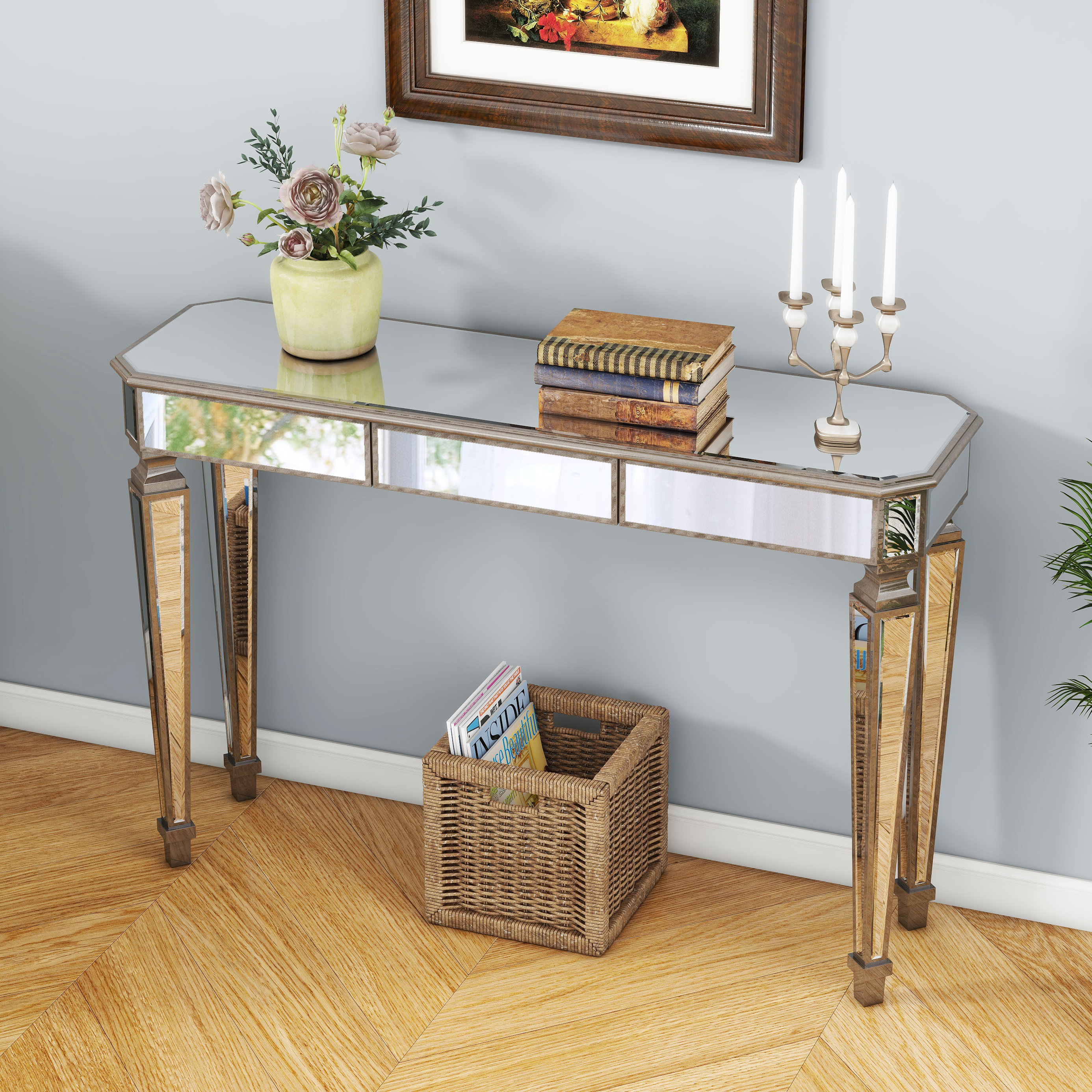 House of Hampton® Adelais Mirrored Console Table Storage Cabinet 3 ...