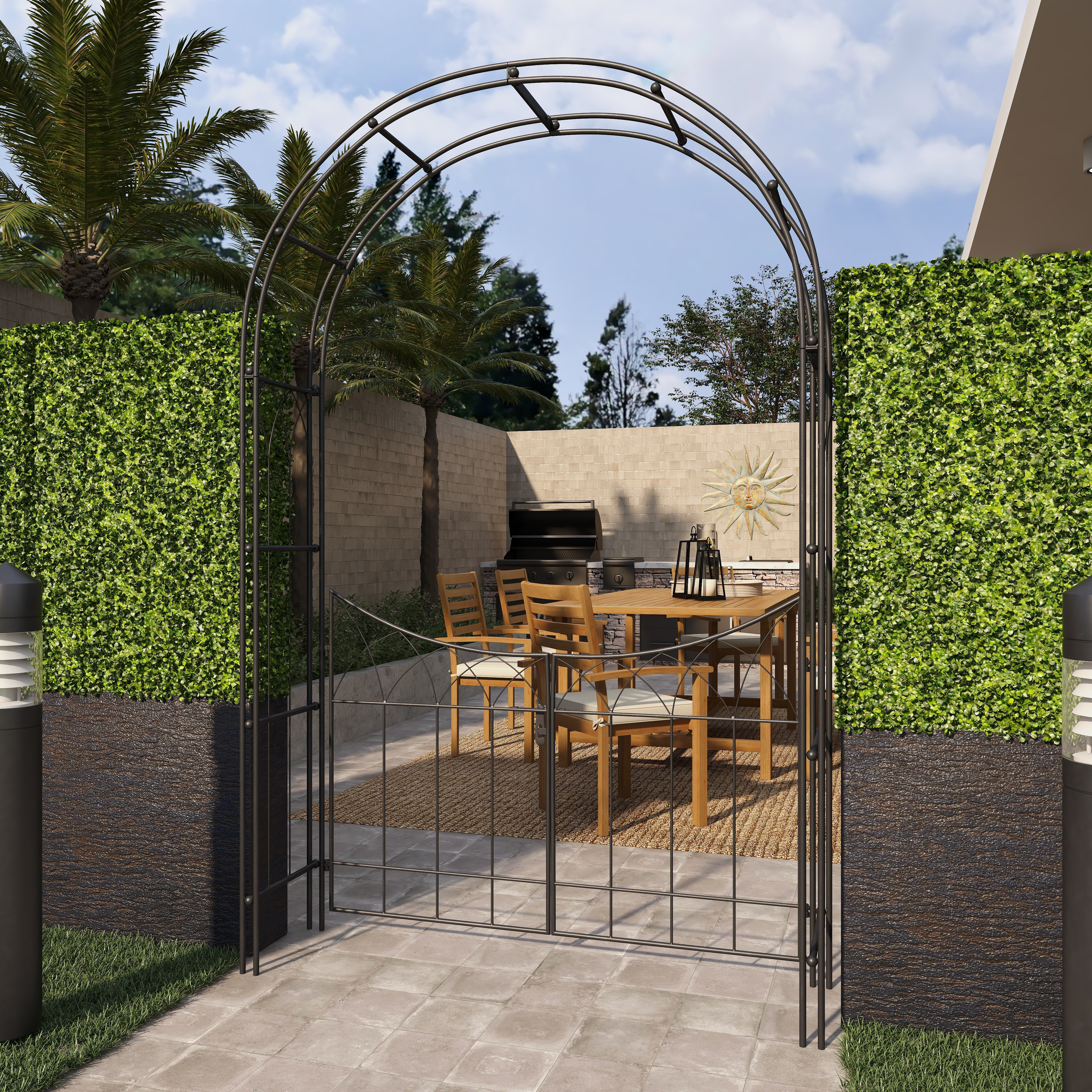 Red Barrel Studio® Cynia Black Metal Indoor Outdoor Arched Gate Indoor ...