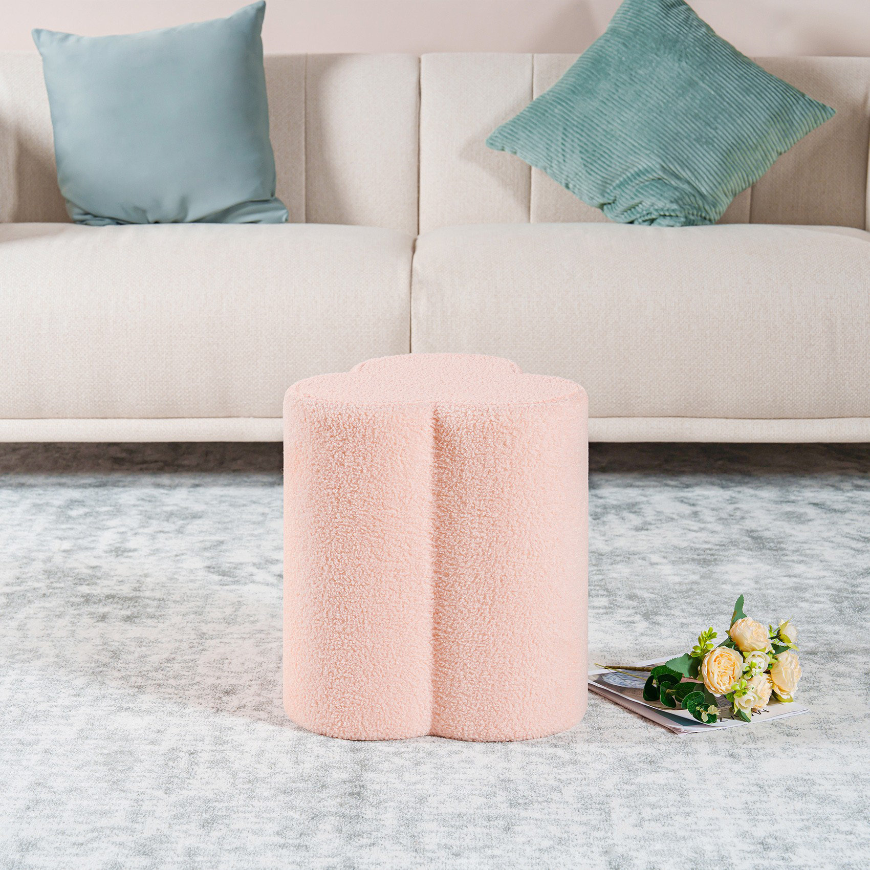 Ebern Designs Darrious Modern Round Ottoman Pink Upholstered Foot Stool ...