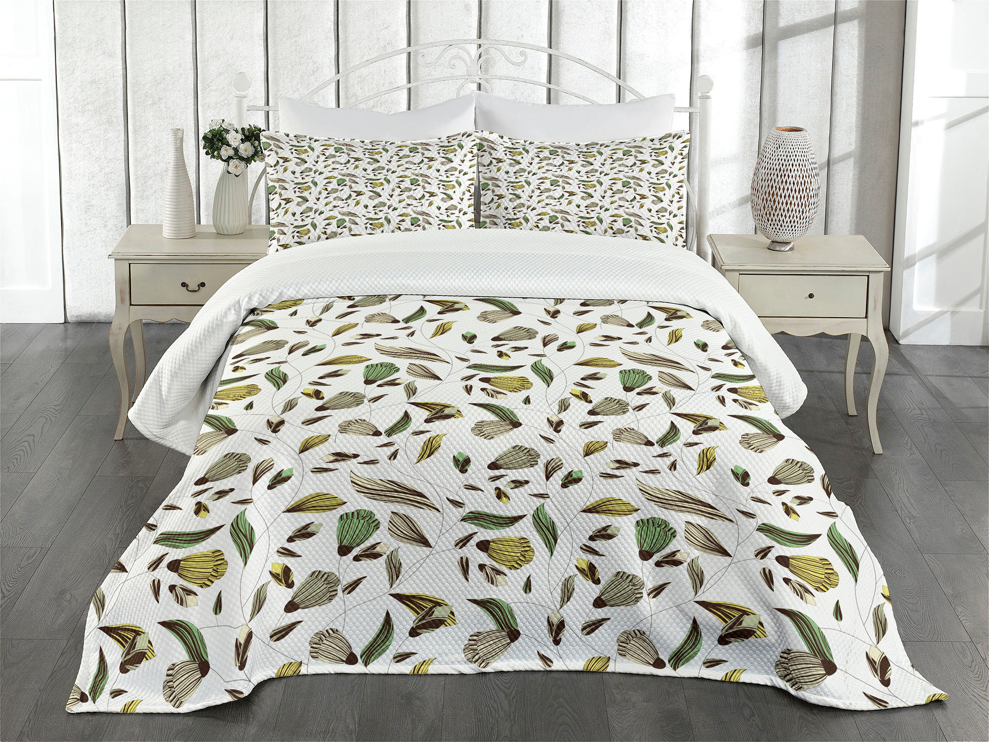 Ambesonne Floral Bedspread Set Autumn Nature Design Dark Brown Fern ...