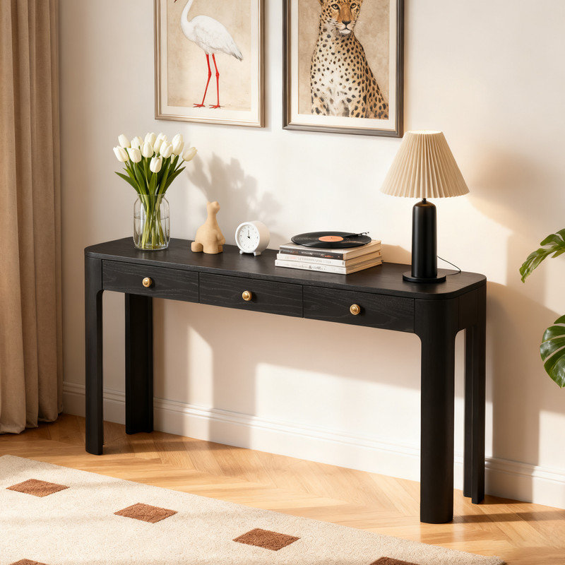 17 Stories Rustic Console Table With 3 Hidden Drawers & Rounded Corners ...